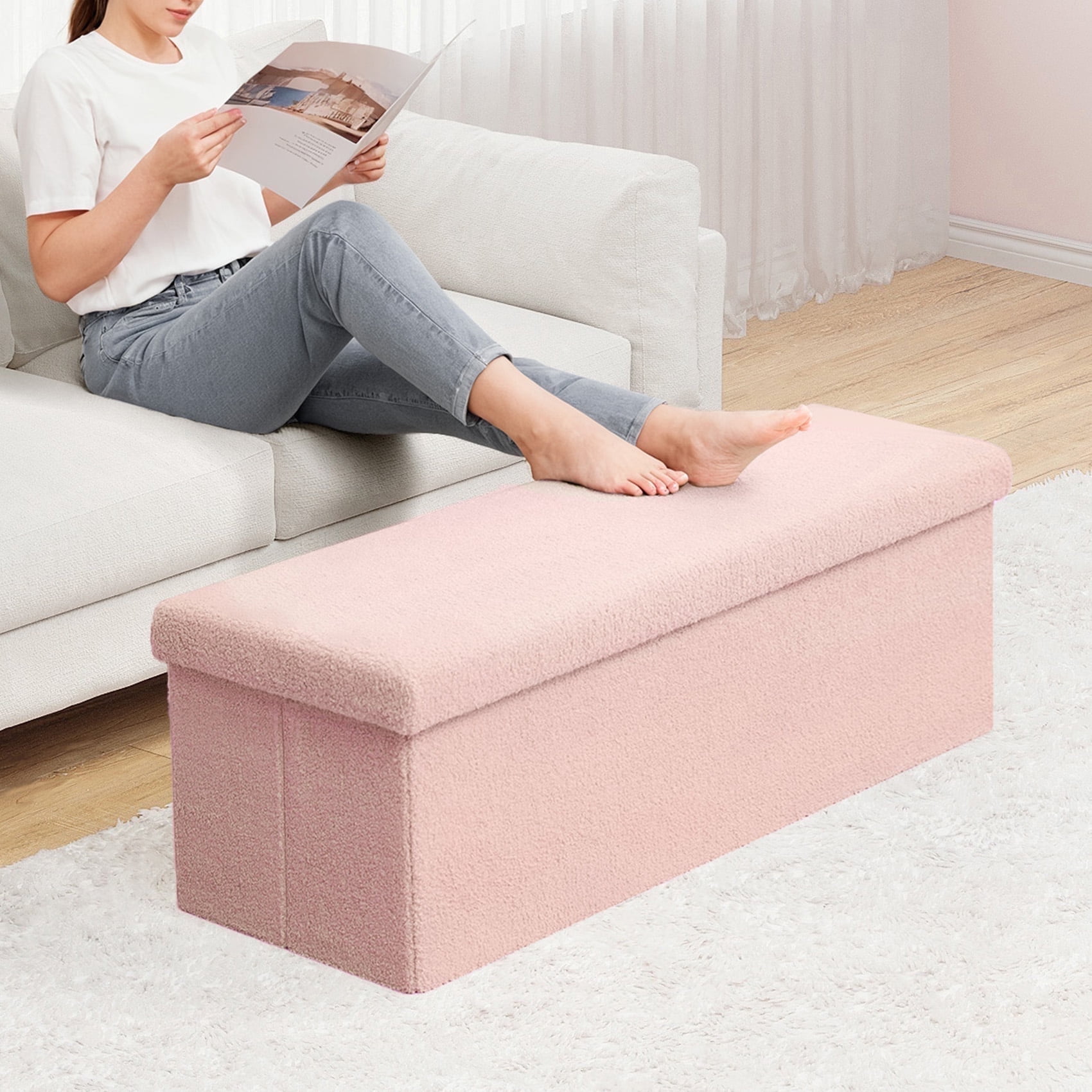 B FSOBEIIALEO 43" Storage Ottoman Cube Sherpa Ottomans Foot Rest Boucle ...