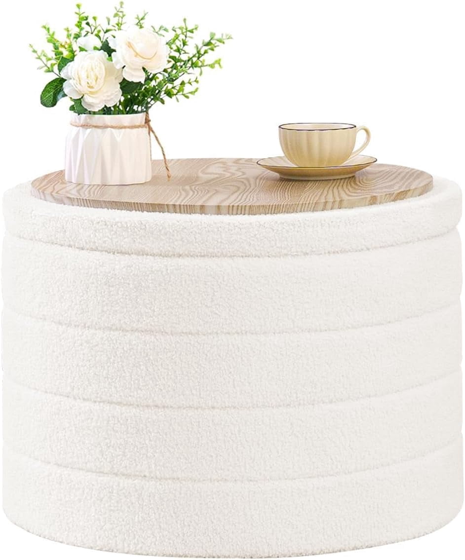 Round Sherpa Storage Ottoman Stool, Boucle Foot Rest22 x 22"x15.75 ...