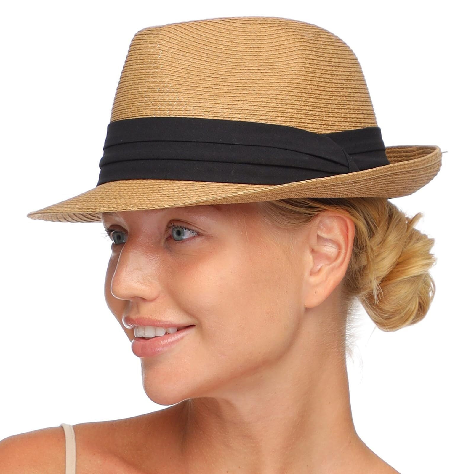 B Fedora Straw Sun Hat for Men Women Short Brim Panama Beach Hat UPF 80+ Beige - Walmart.com