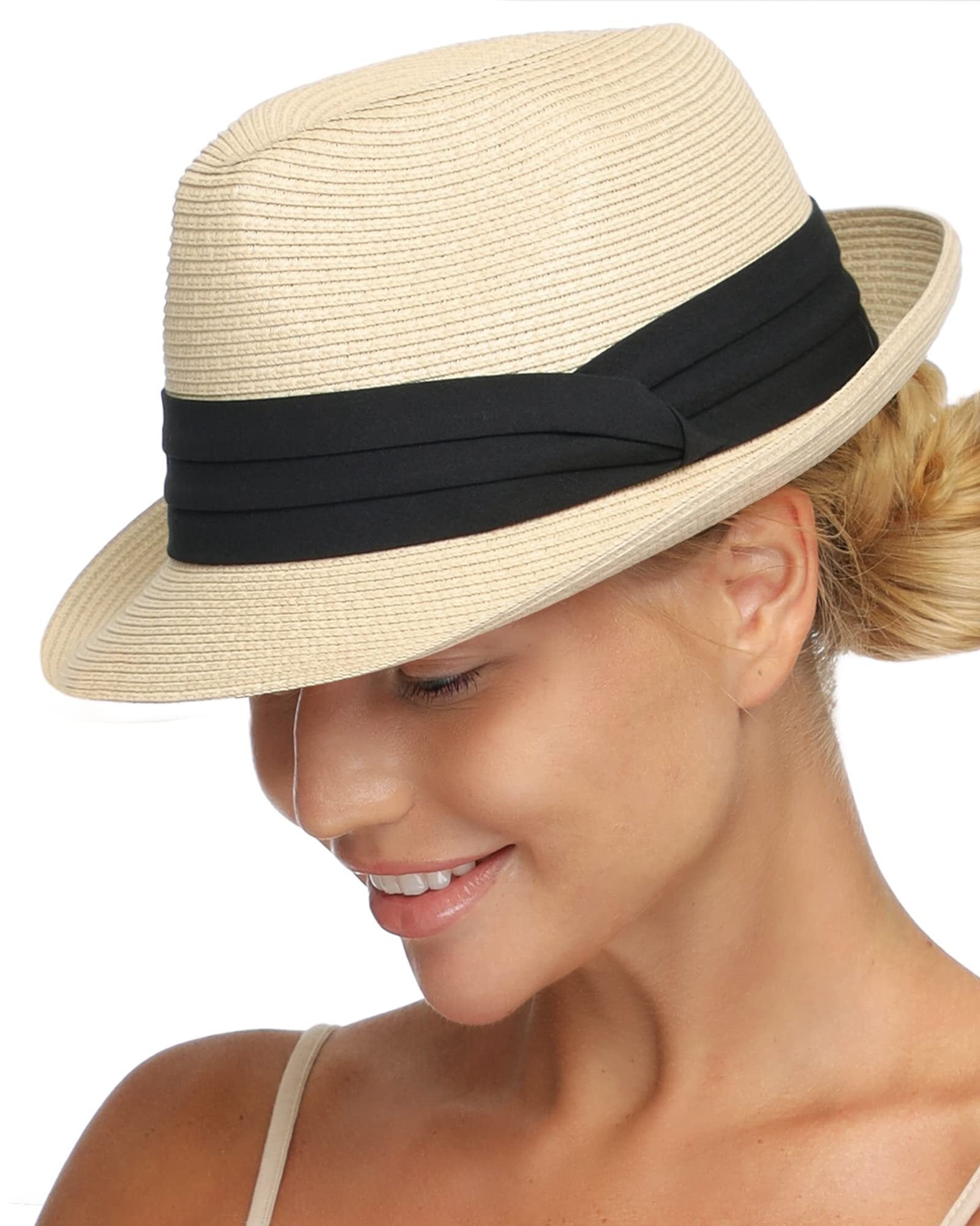 B Fedora Straw Sun Hat for Men Women Short Brim Panama Beach Hat UPF 80+ Beige - Walmart.com