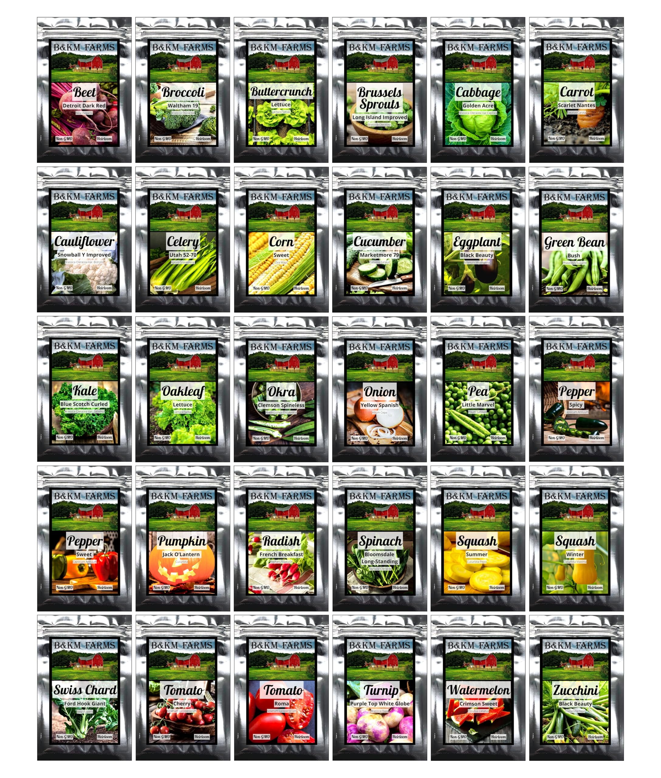 B&KM Farms 20,000+ AJH3 Survival Seed Kit 5+ Year Supply. 30 Fruit & Vegetable Non-GMO Heirloom ...