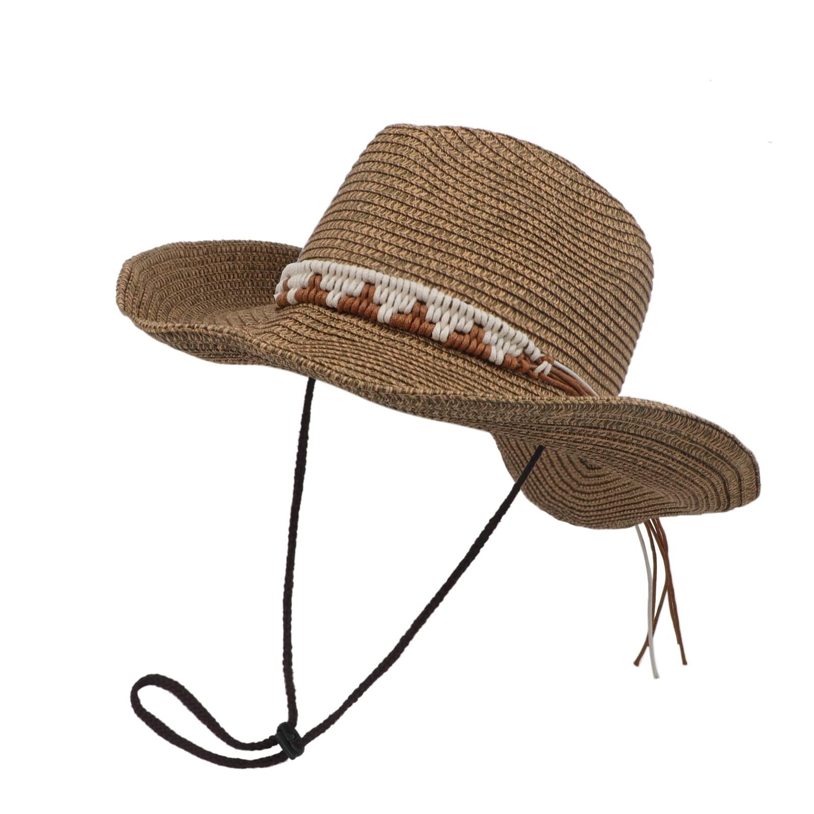 B Mens Womens Western Cowboy Straw Hat Classic Brown Cowgirl Woven Sun ...