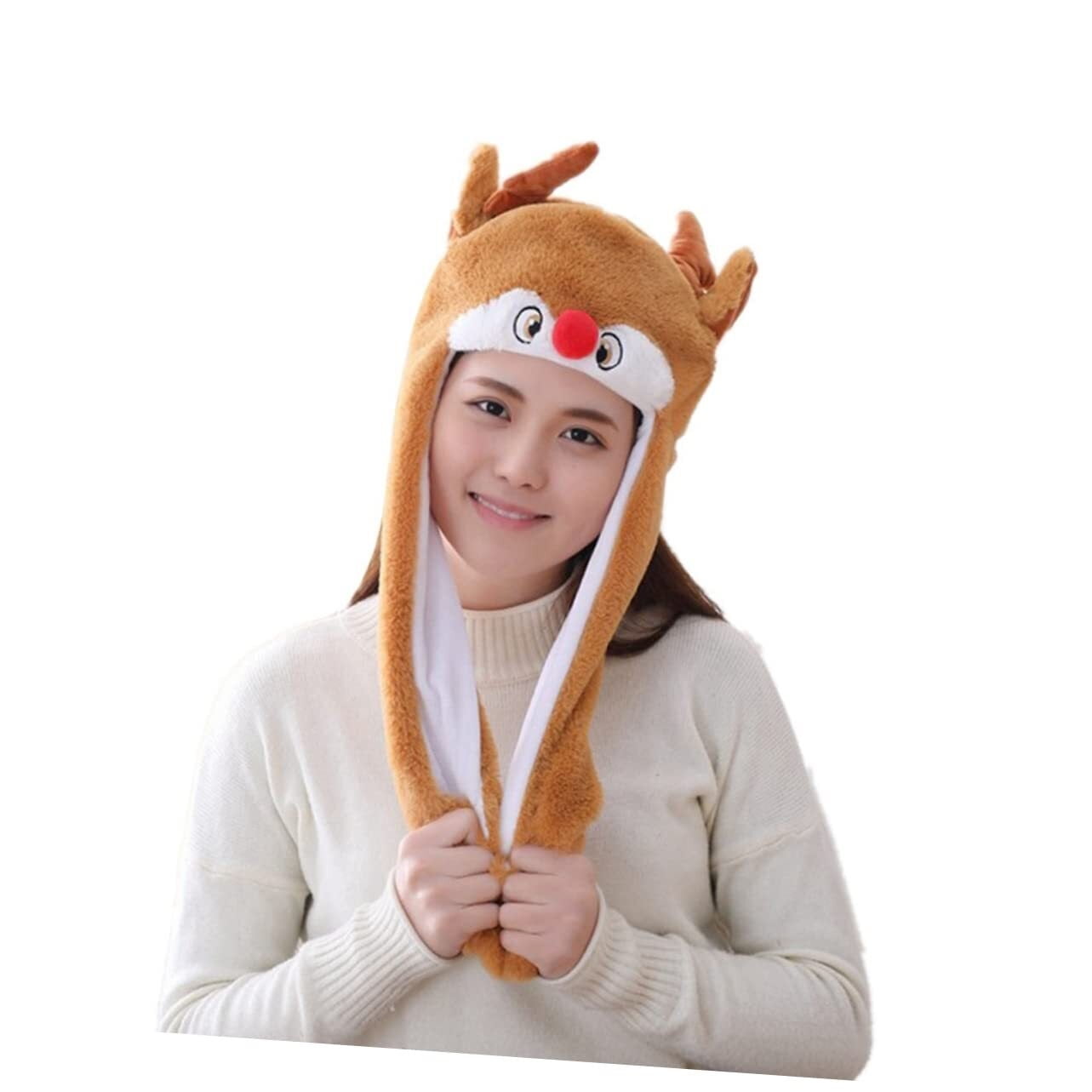 B Movable Ears Plush Deer Cap Animal Ears Hat for Women Men Kids Toy ...
