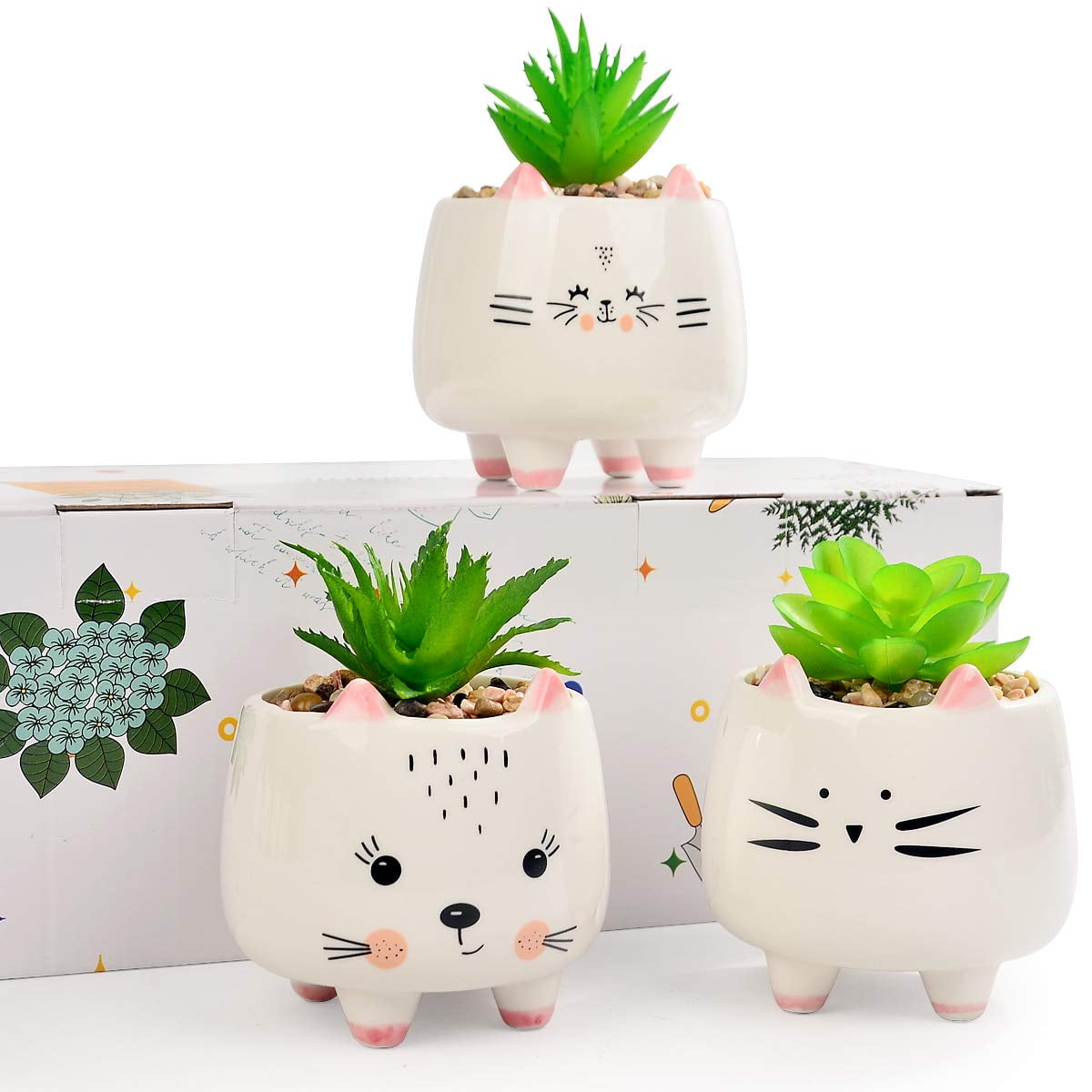 B SEPOR 3 Little Kitty Cats Small Artificial Succulents Potted with ...