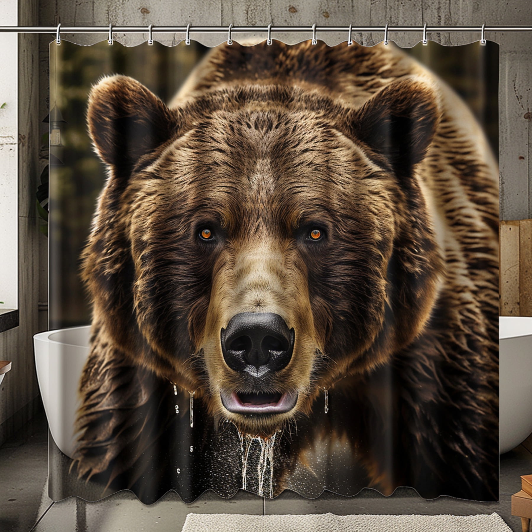 B Sigma Style Brown Bear Head Shower Curtain with Hyper Realistic Large ...