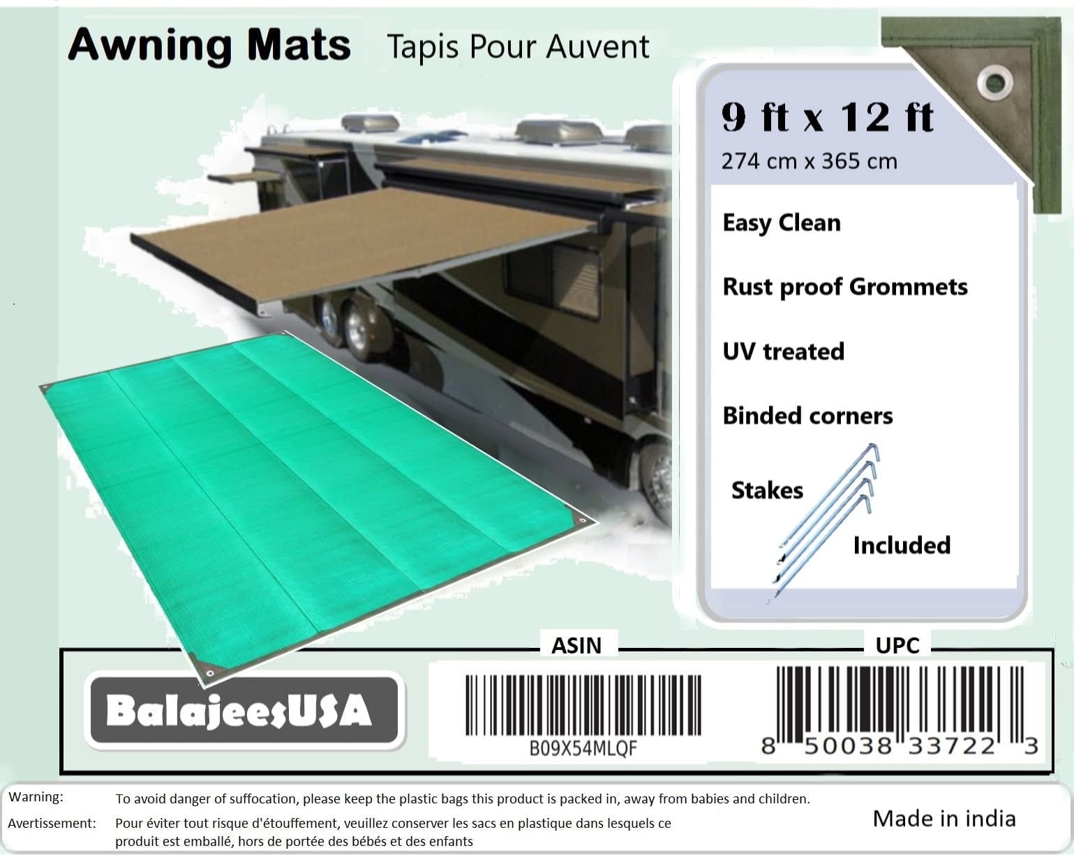 B-USA Green Reversible Outdoor Rug, 9'x12' Waterproof Large RV Camping ...