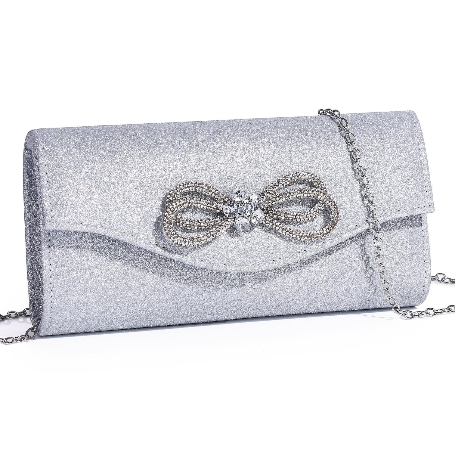 B Women Evening Handbag Shiny Crystal Bow Flap Clutch Purse for Women ...