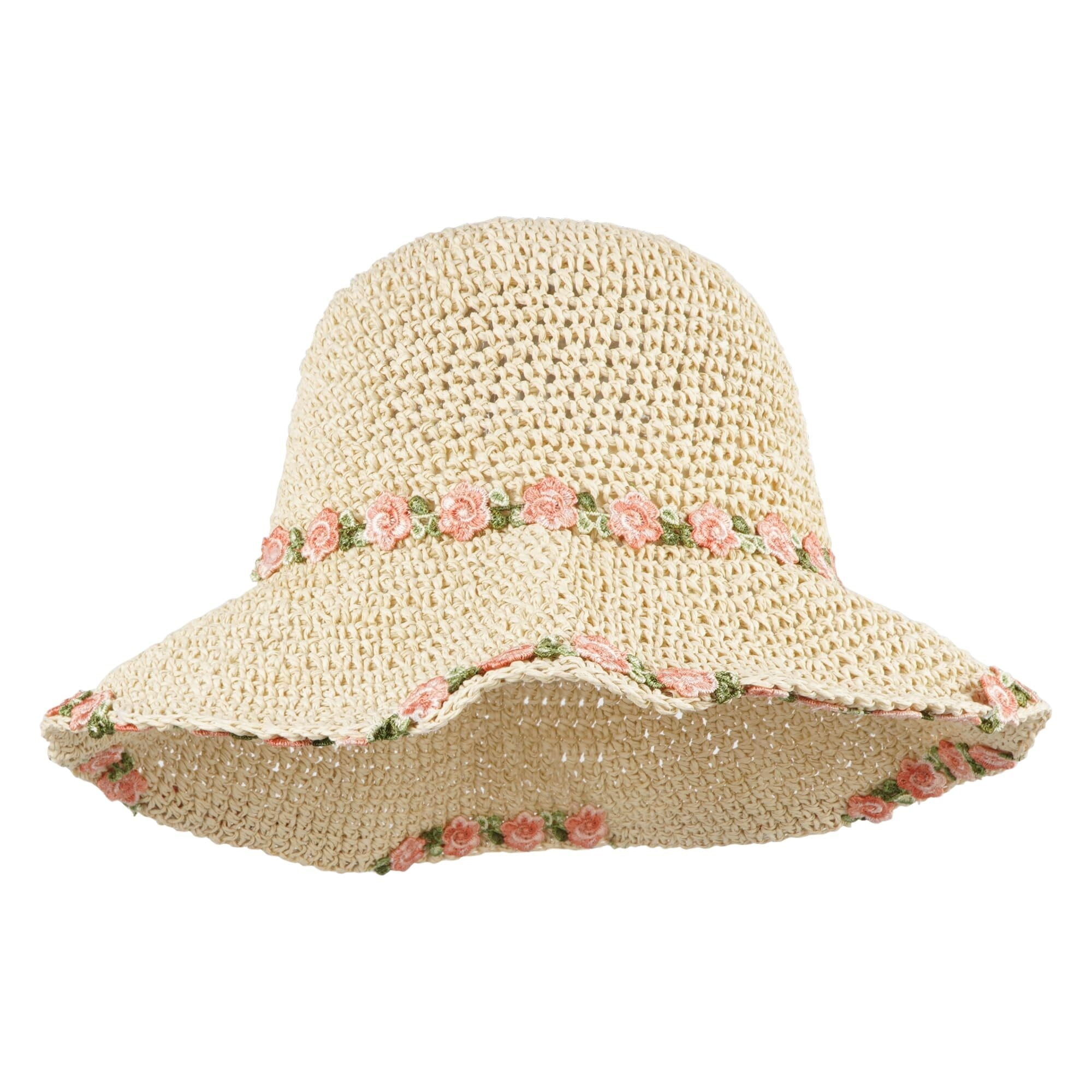 B Women Floral Wide Brim Straw Roll up Hat Beach Sun Hat Bucket Hat ...
