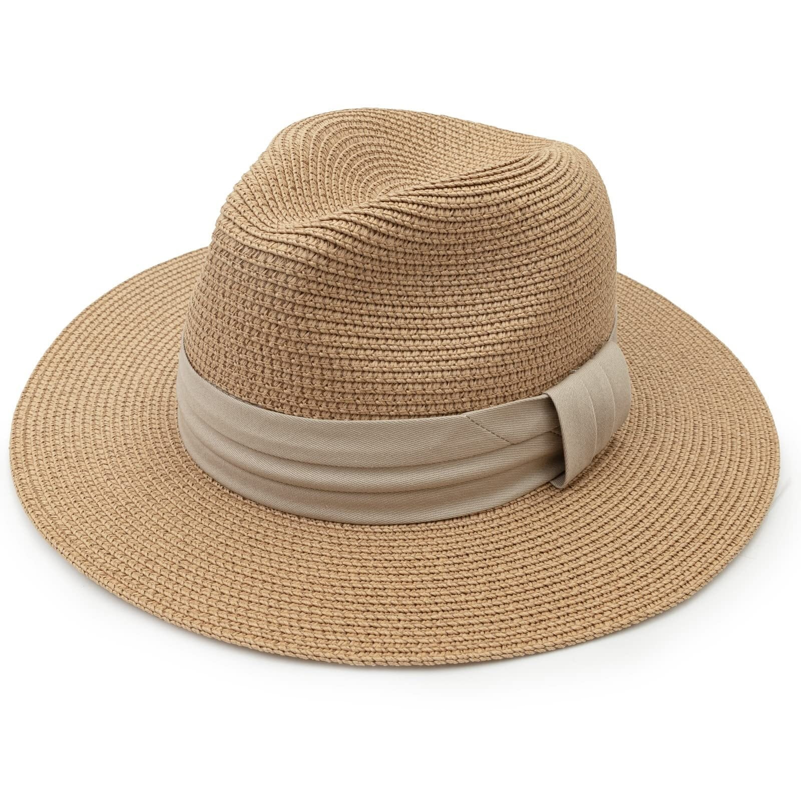 B Women Straw Panama Hat Fedora Beach Sun Hat Wide Brim Straw Roll up ...