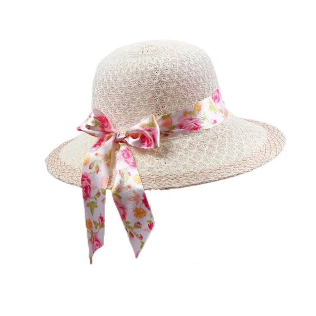 B Women's Floral Bow Ribbon Sun Hat Retro Straw Hat Summer Wide Brim ...