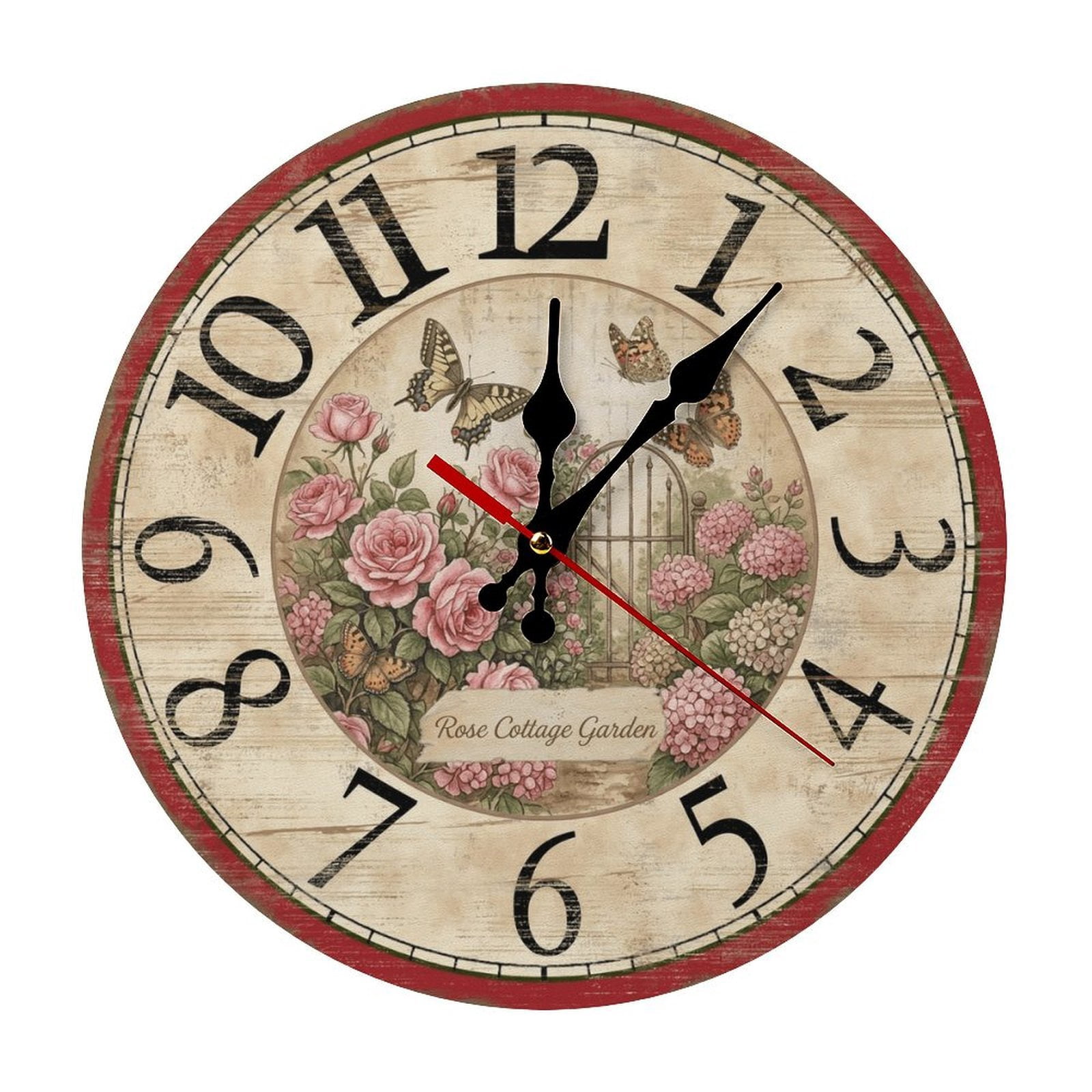 B01 Vintage Rose Garden Pink Farmhouse Style Round Wood Wall Clock ...