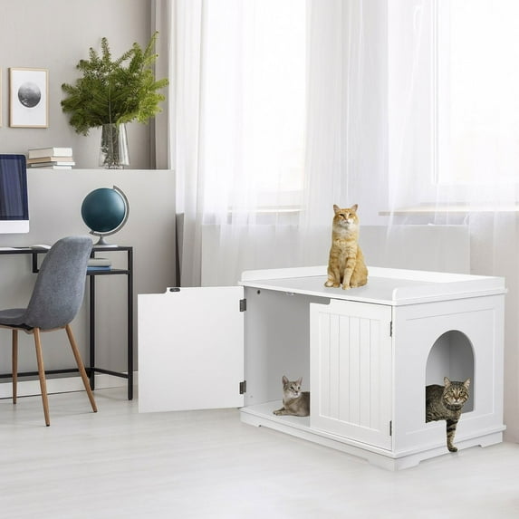 B0B0KY White Multi-Use Cat Cabinet， Pet House with Hidden Litter Box ...