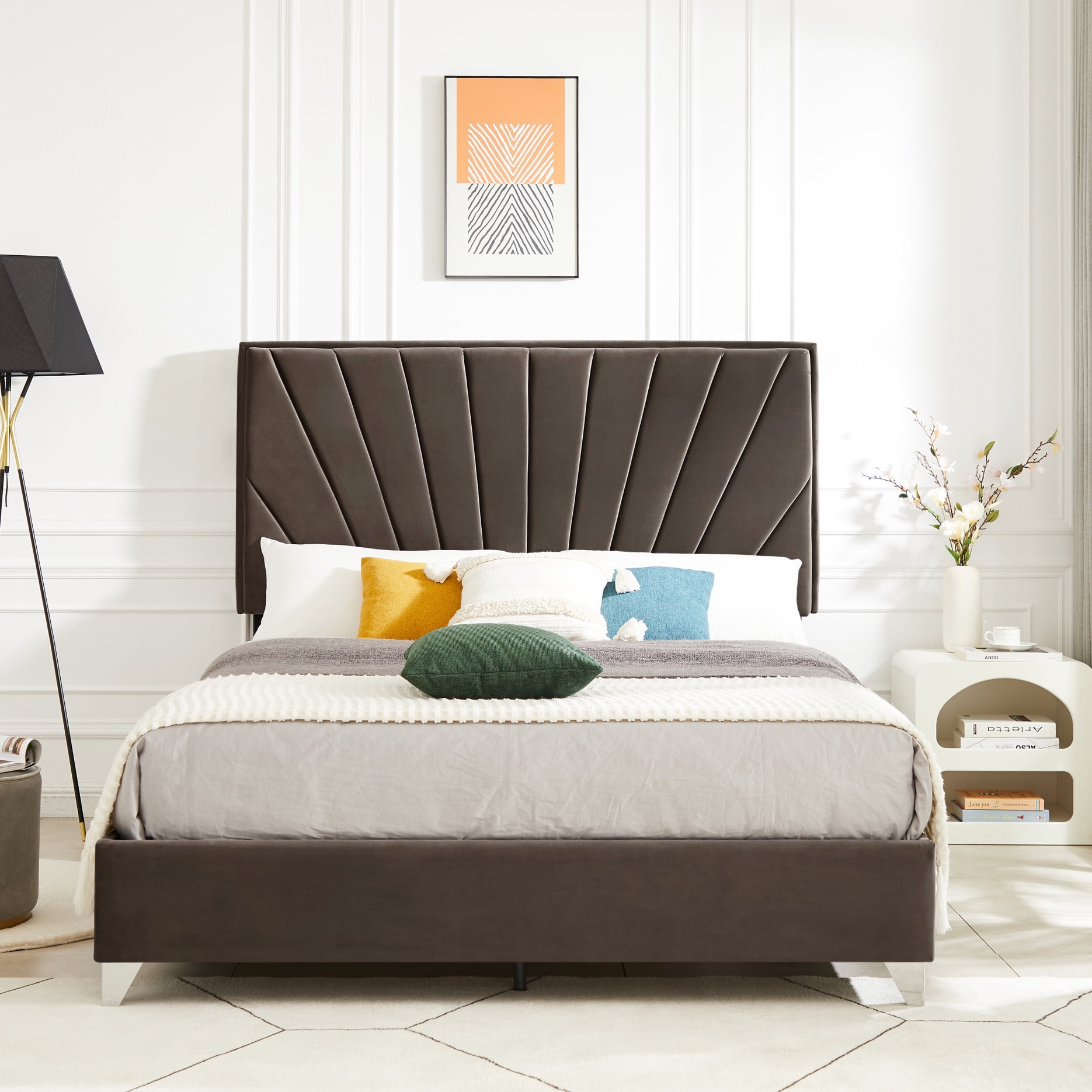 B108 Full bed Beautiful line stripe cushion headboard , strong wooden ...