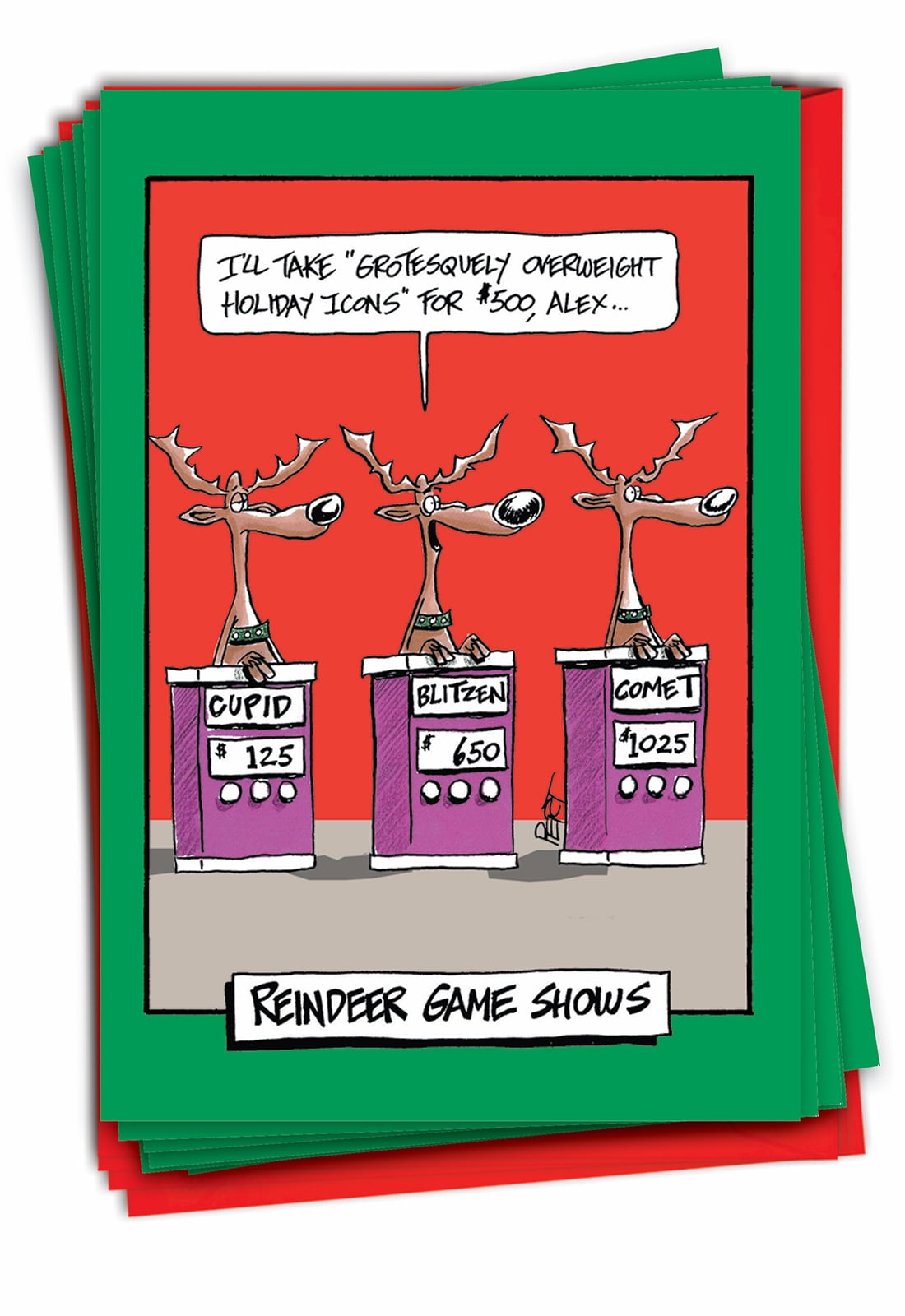 B1193K Pack Set Of Reindeer Game Show Christmas Cards Cards - 12 Cards ...