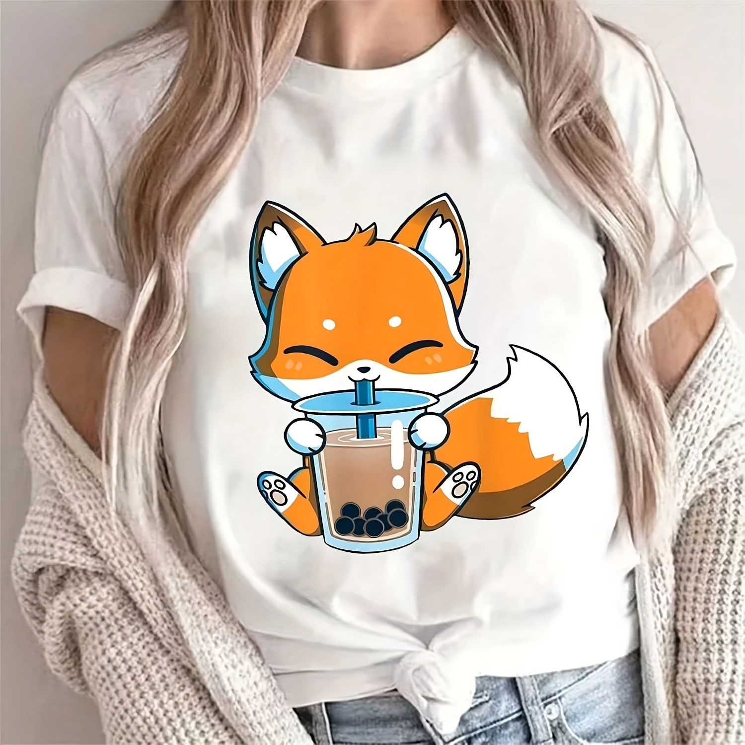 B1Oba Fox Drinking Print Blouse Wo Clog FaS1Hion Kawa rtoon Fox Graphic ...