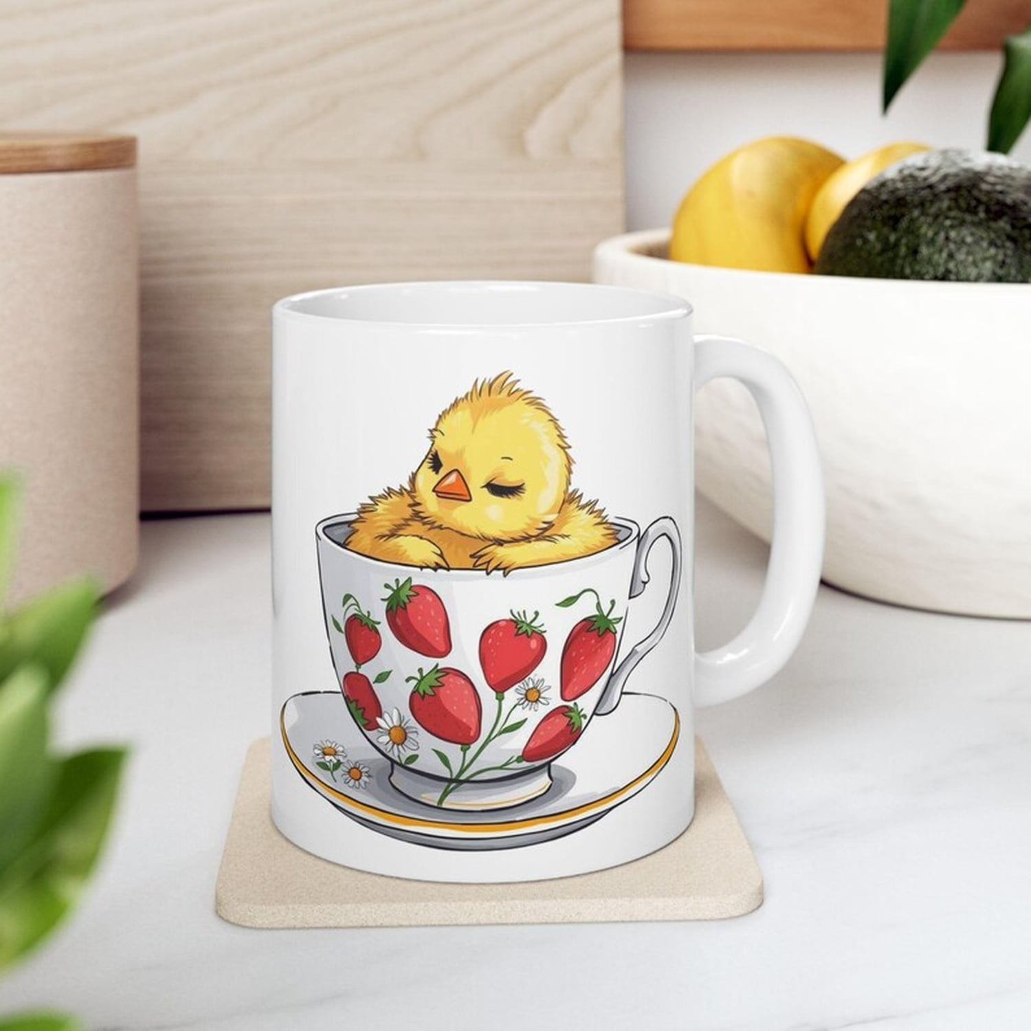 B1aby Chick Ceramic Mug Strawberry Daisy Teacup, Spring Farmhouse ...