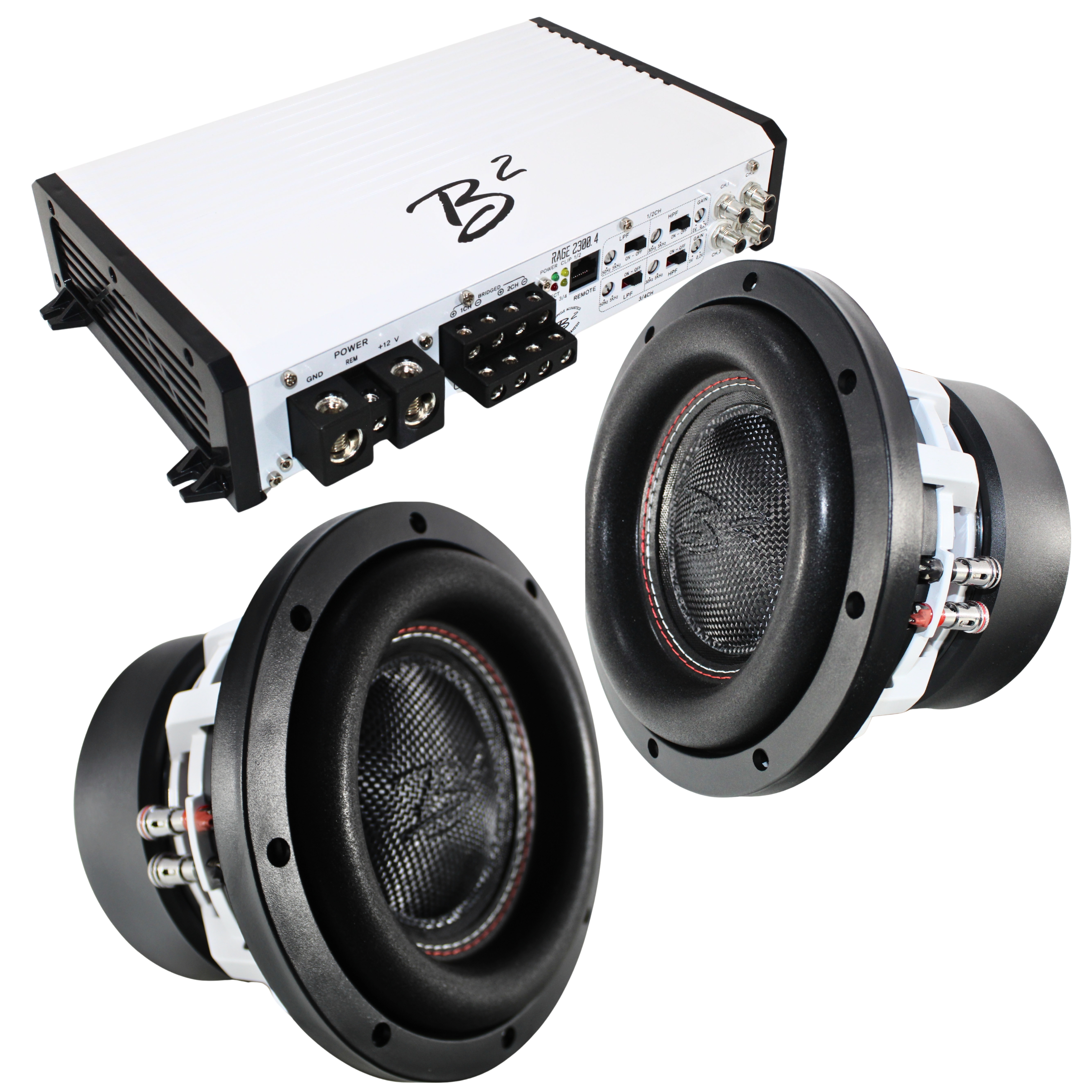 B2 Audio RAGE 4 Channel 2.3k Amplifier W/ 2 8" RAGE8 D4 Subwoofers ...