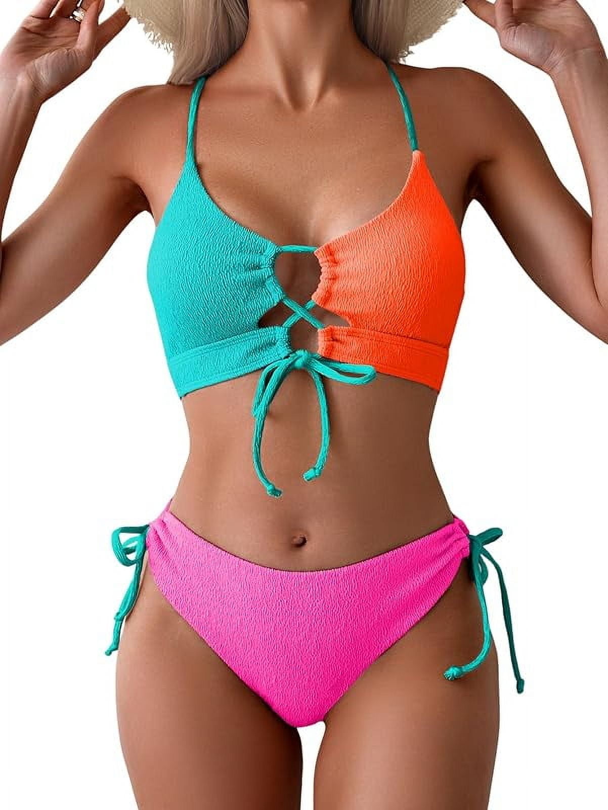 B2prity Women's Sexy Bikini Set Color Block Lace Up 2 Piece Bathing Suit Tie Side Swimsuit ...