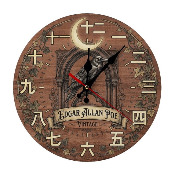 B37 Vintage Raven Gothic Round Wooden Wall Clock, Silent Non-Ticking ...