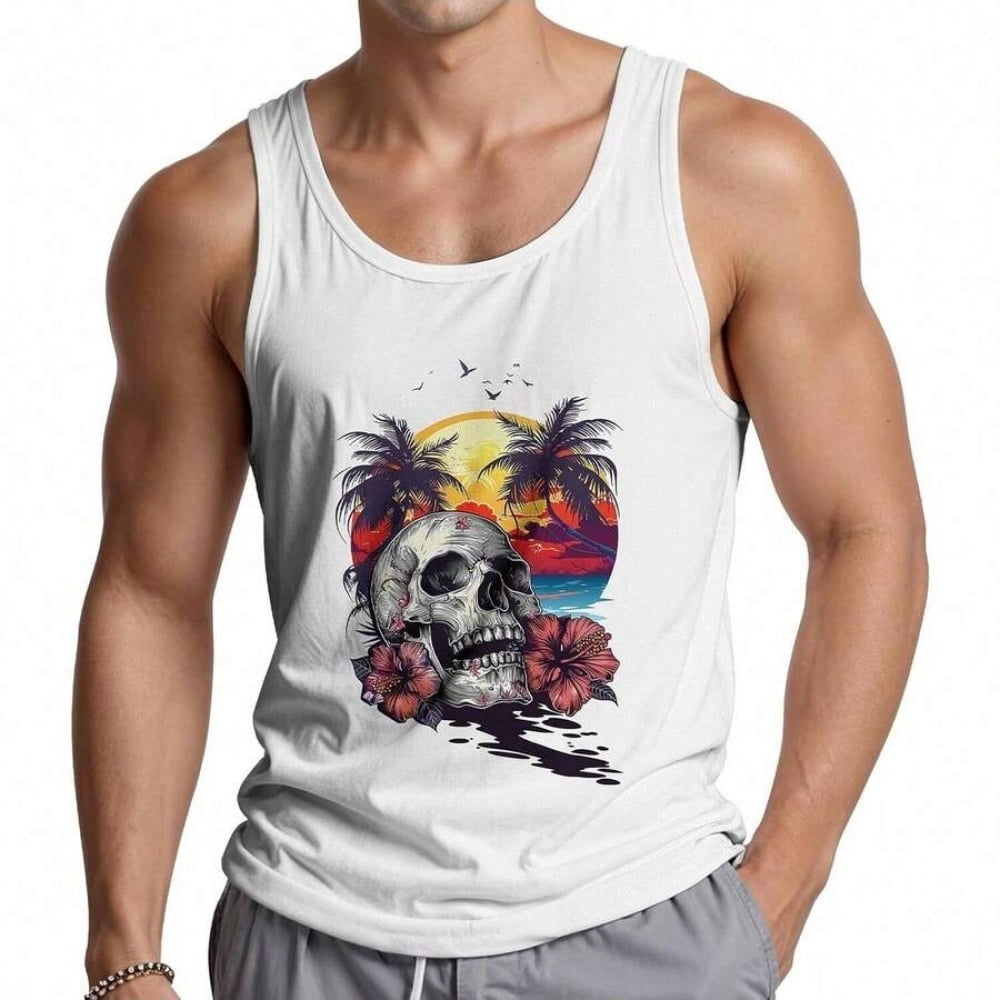B5 Skull White Mens Graphic Muscle Tank Top With Tropical Sunset Skull ...