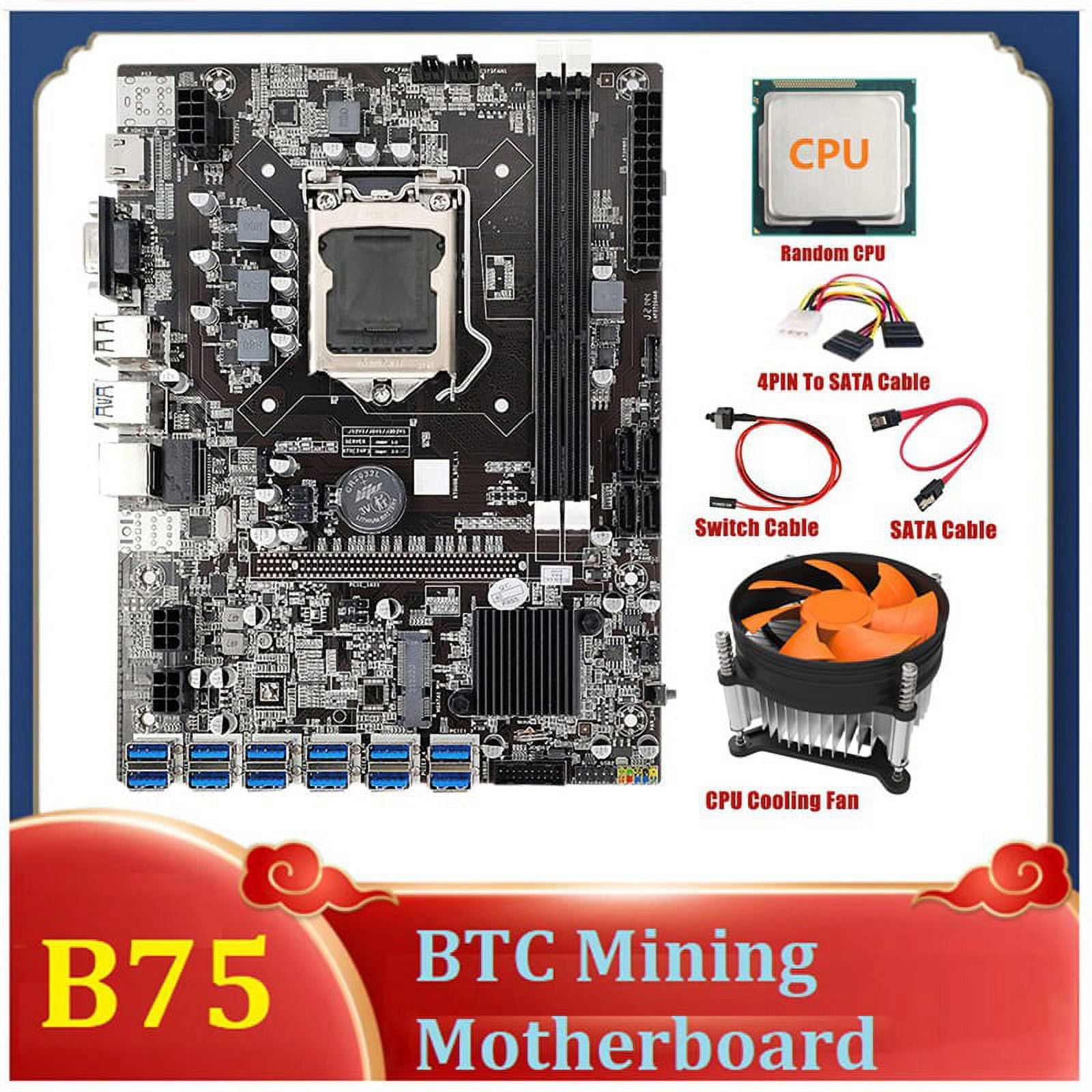 B75 ETH Mining Motherboard 12 PCIE to USB Adapter CPU+4PIN to SATA Cable+Cooling Fan LGA1155 ...