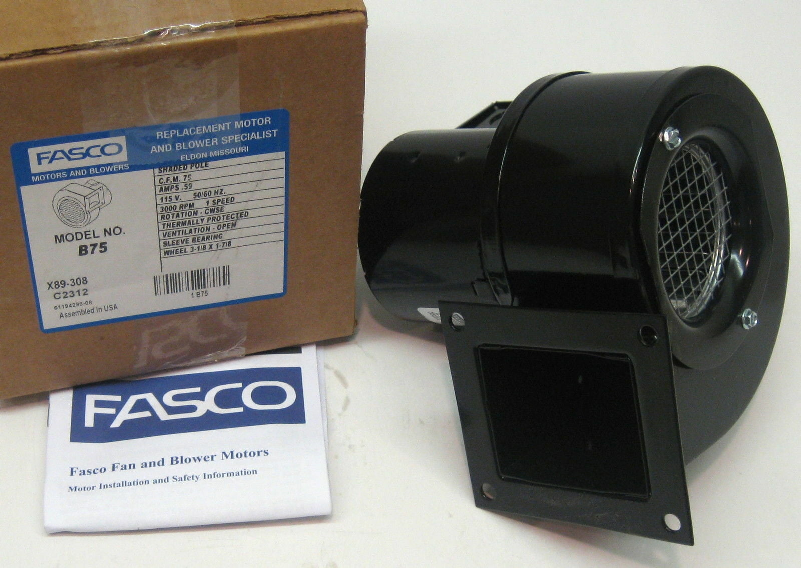 Fasco B75 Centrifugal Blower Assembly, 75 CFM, 3000 RPM, 115 Volts ...