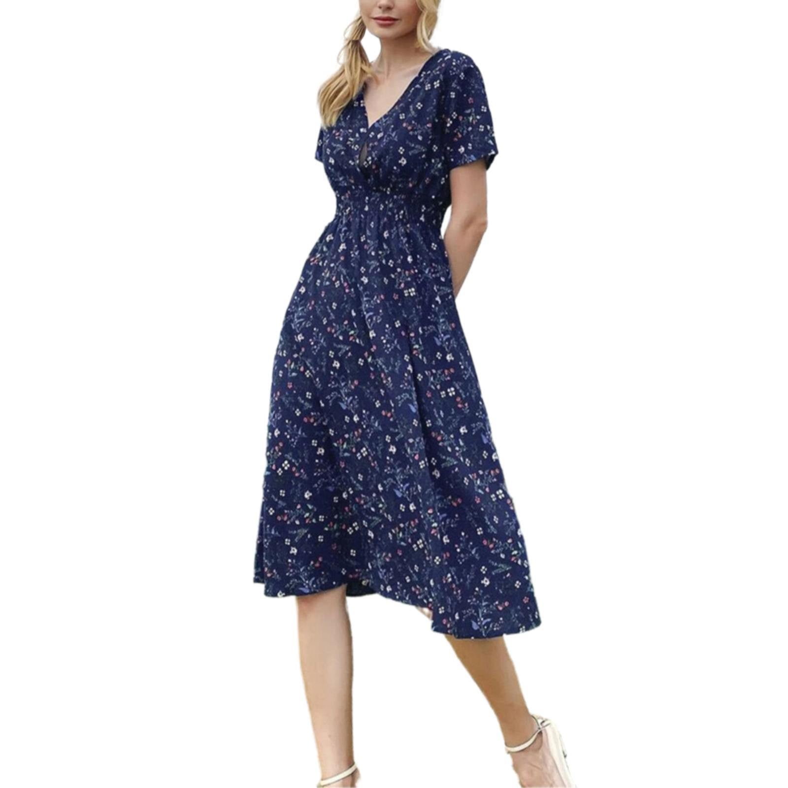 B91xz 2024 Women Casual Summer Dresses Casual Floral Deep V Neck Short