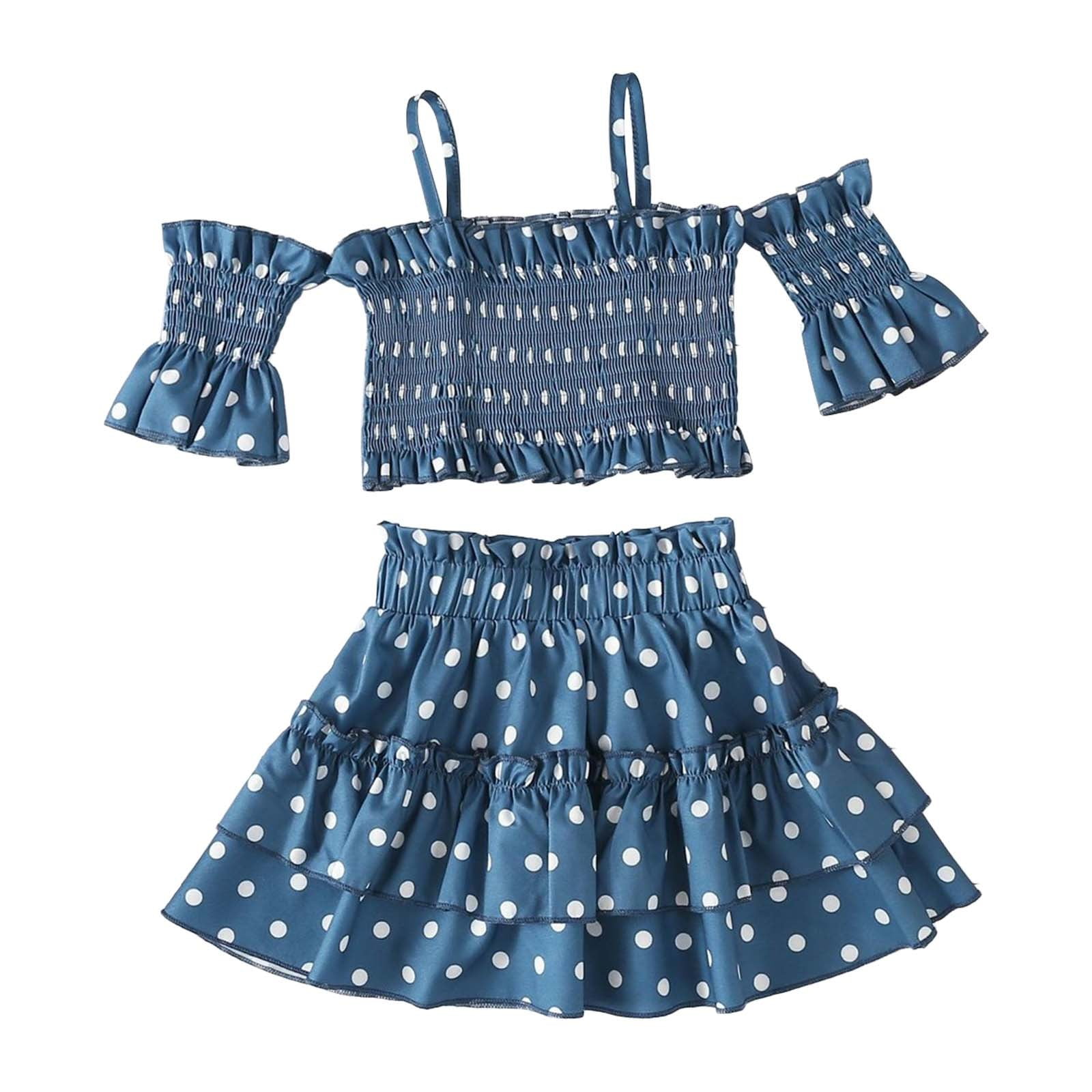 B91xZ Baby Girl Outfit Kids Girls Blue Wave Point Suspender Solid Color ...