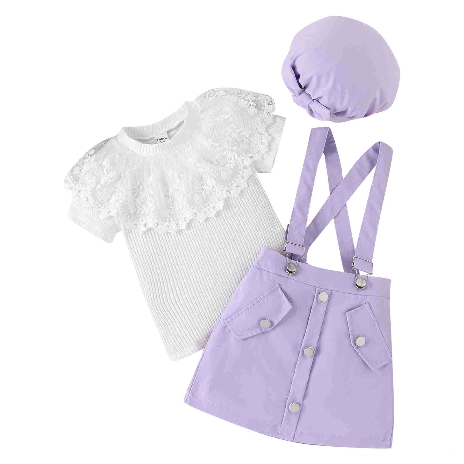B91xZ Baby Girl Outfit Toddler Girls Summer Short Sleeve Lace Ribbed Tops Skirt with Hat 3PCS ...