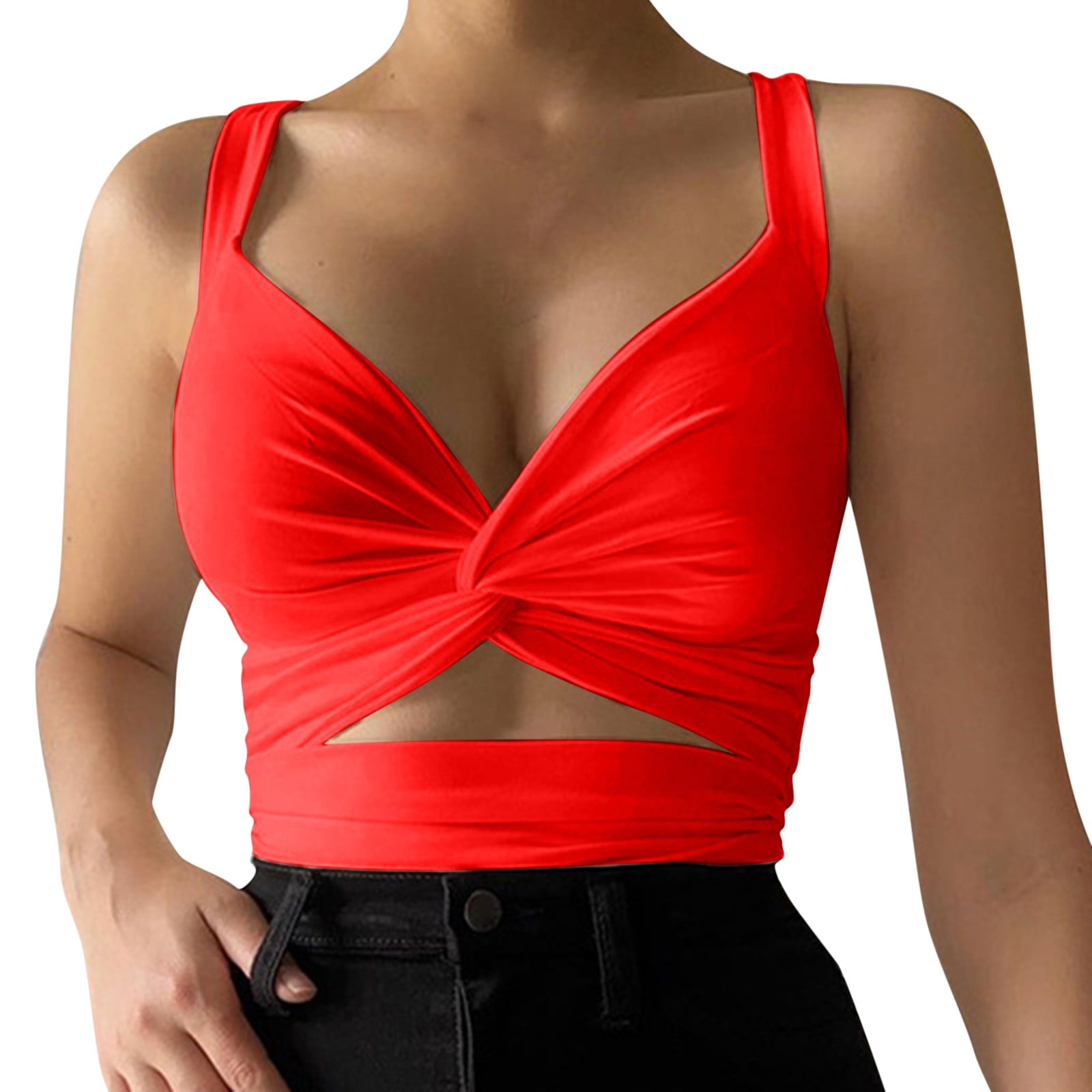 B91xZ Crop Tops for Women Basic Solid Cami Spaghetti Double Layer Crop Tank Top,Red M - Walmart.com