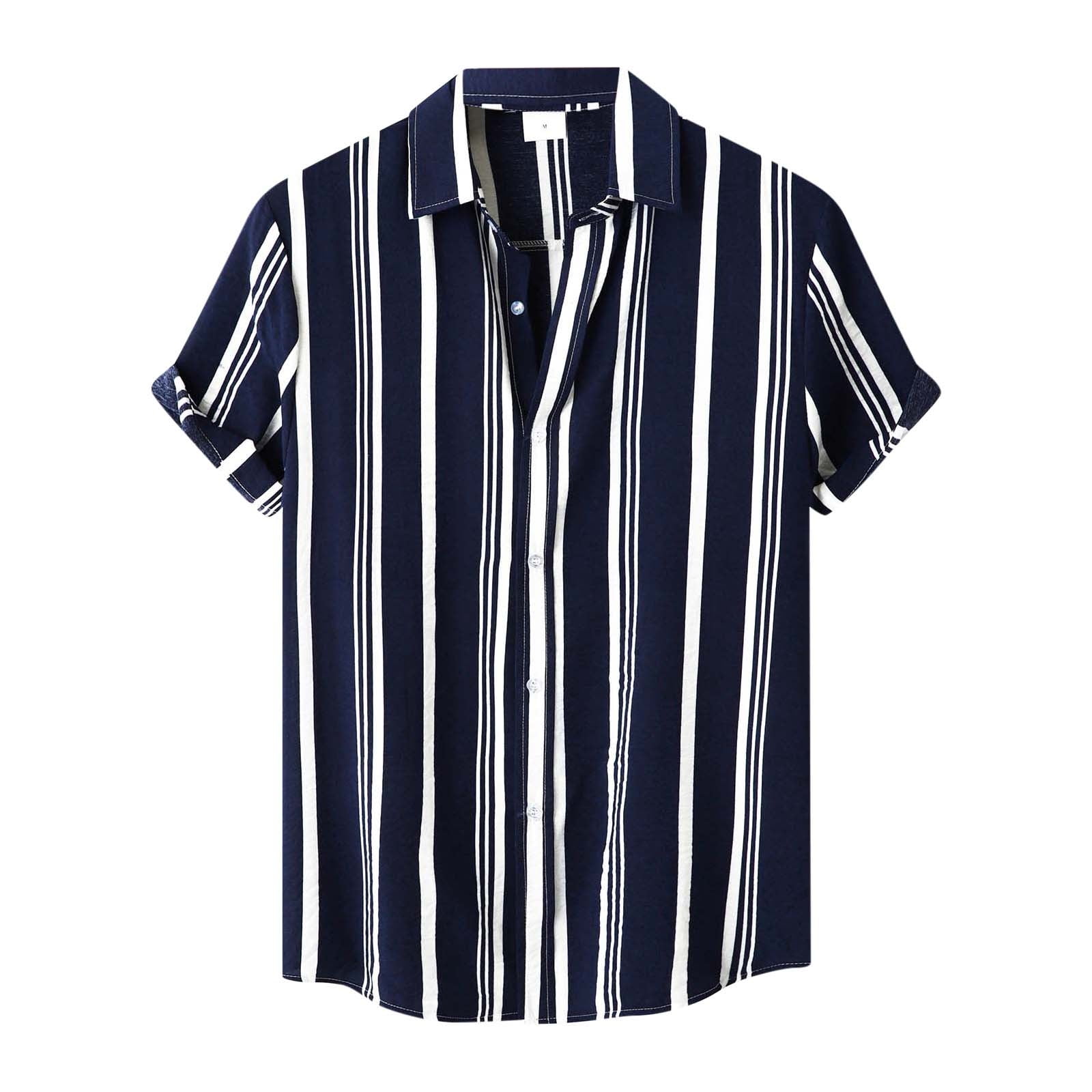 B91xz Dress Shirts For Men Male Summer Hawaii Striped Cuban Collar
