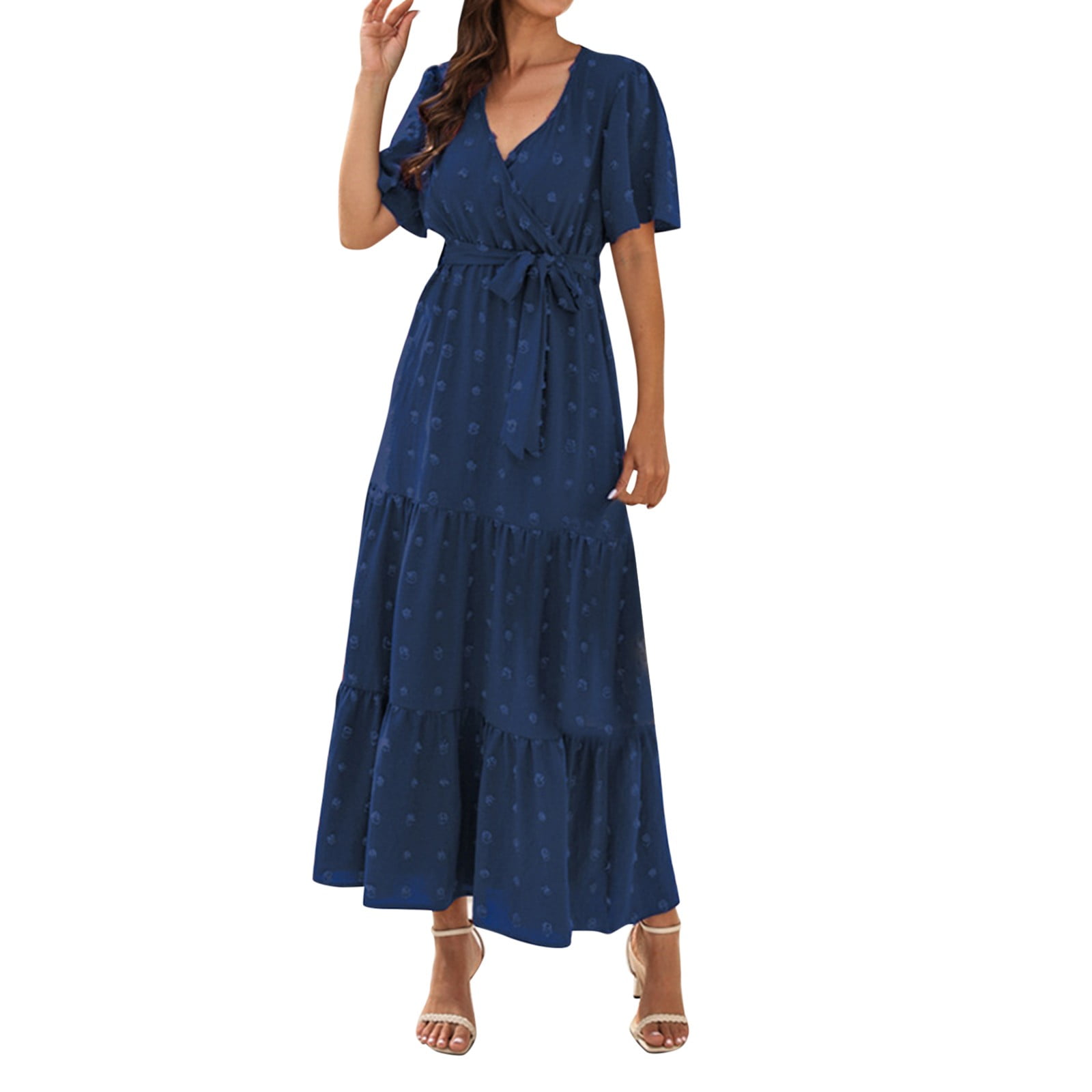 B91xz Dresses For Women Casual Flutter Short Sleeve Crew Neck Smocked