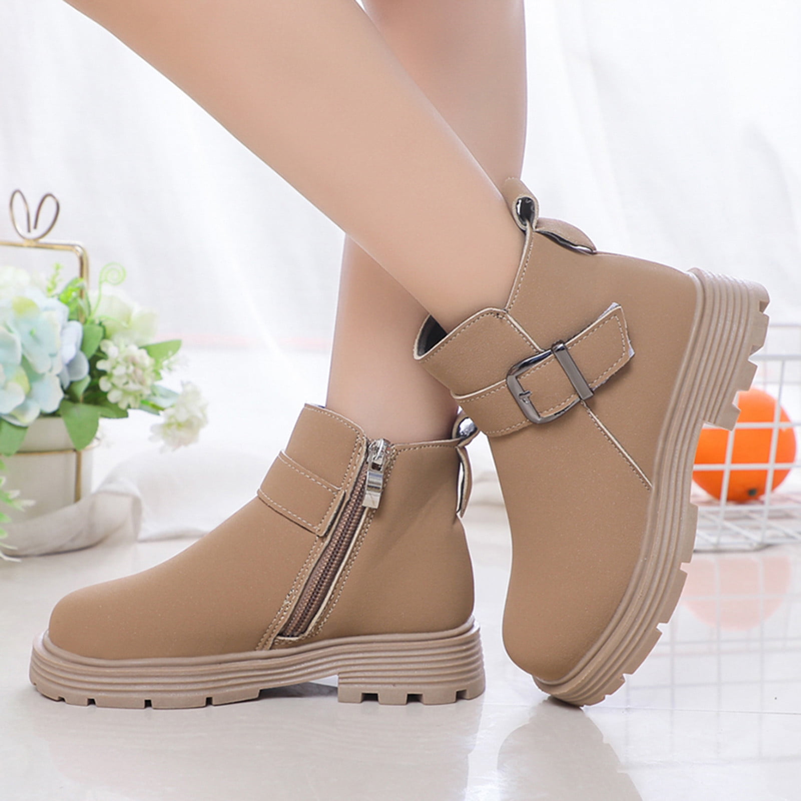 B91xZ Girls Winter Boots Shoes Leather Short Boots Non Slip Breathable ...