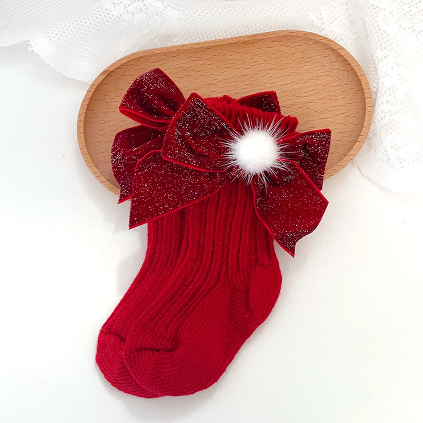 B91xZ Kids Socks Christmas Cartoon Glittering Bow Knitting Wool Socks ...