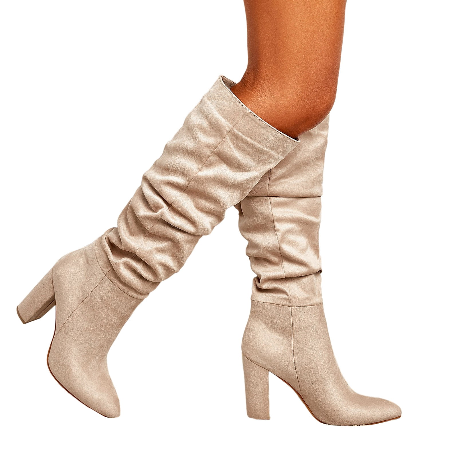 B91xZ Knee High Boots for Women Pointed Toe Mid Heel Side Zipper Knee ...
