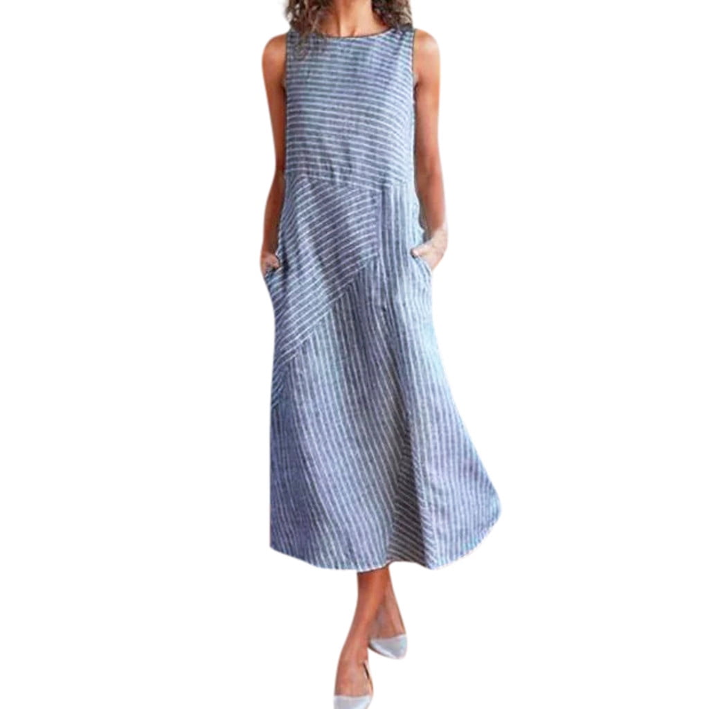 B91xz Spring Summer Dress Casual Flutter Sleeveless Crew Neck Smocked