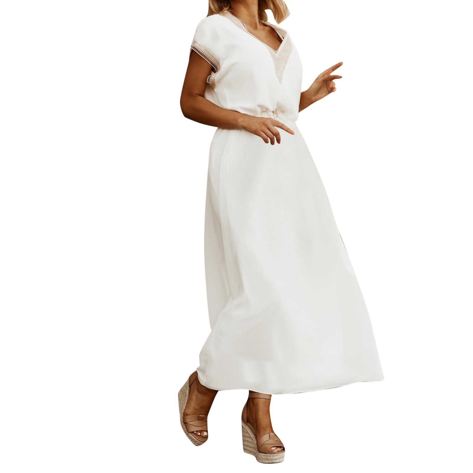 B91xz Spring Summer Dresses Short Sleeve Crewneck High Waist A Line