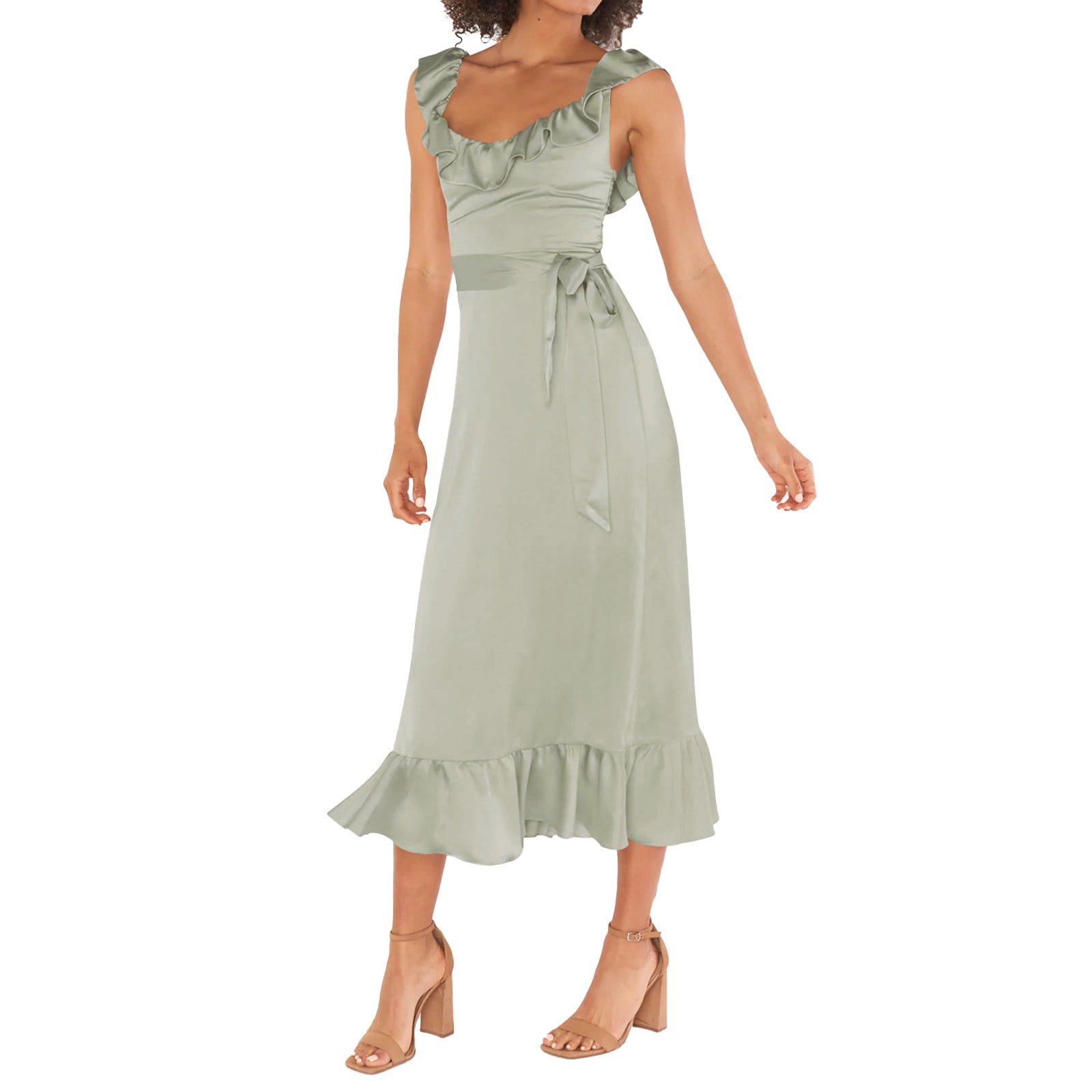 B91xz Wedding Guest Dresses For Women Womens U Neck Ruffled Sleeveless