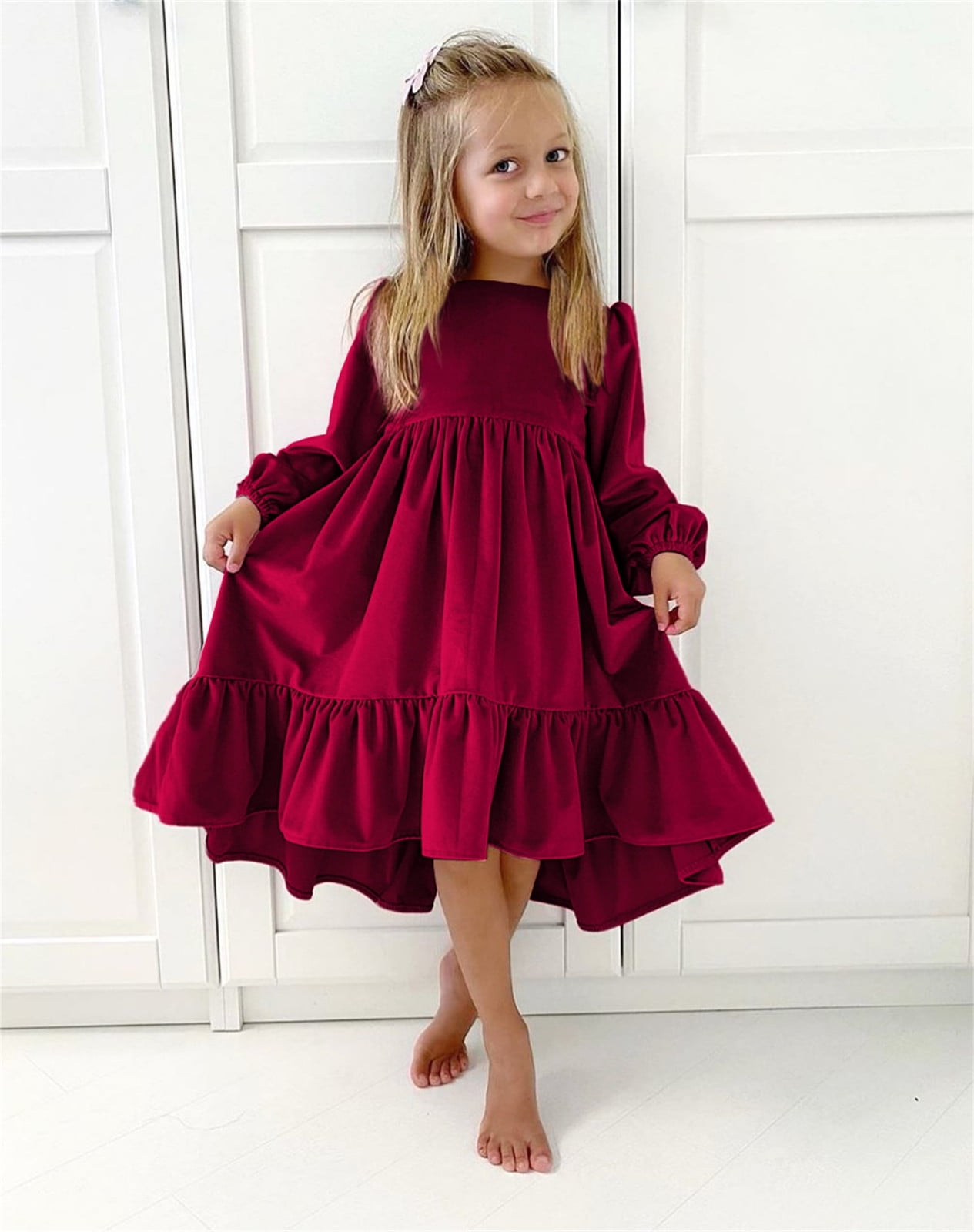 B91xZ Winter Dress for Girls Dress Autumn Long Sleeve Solid Irregular ...