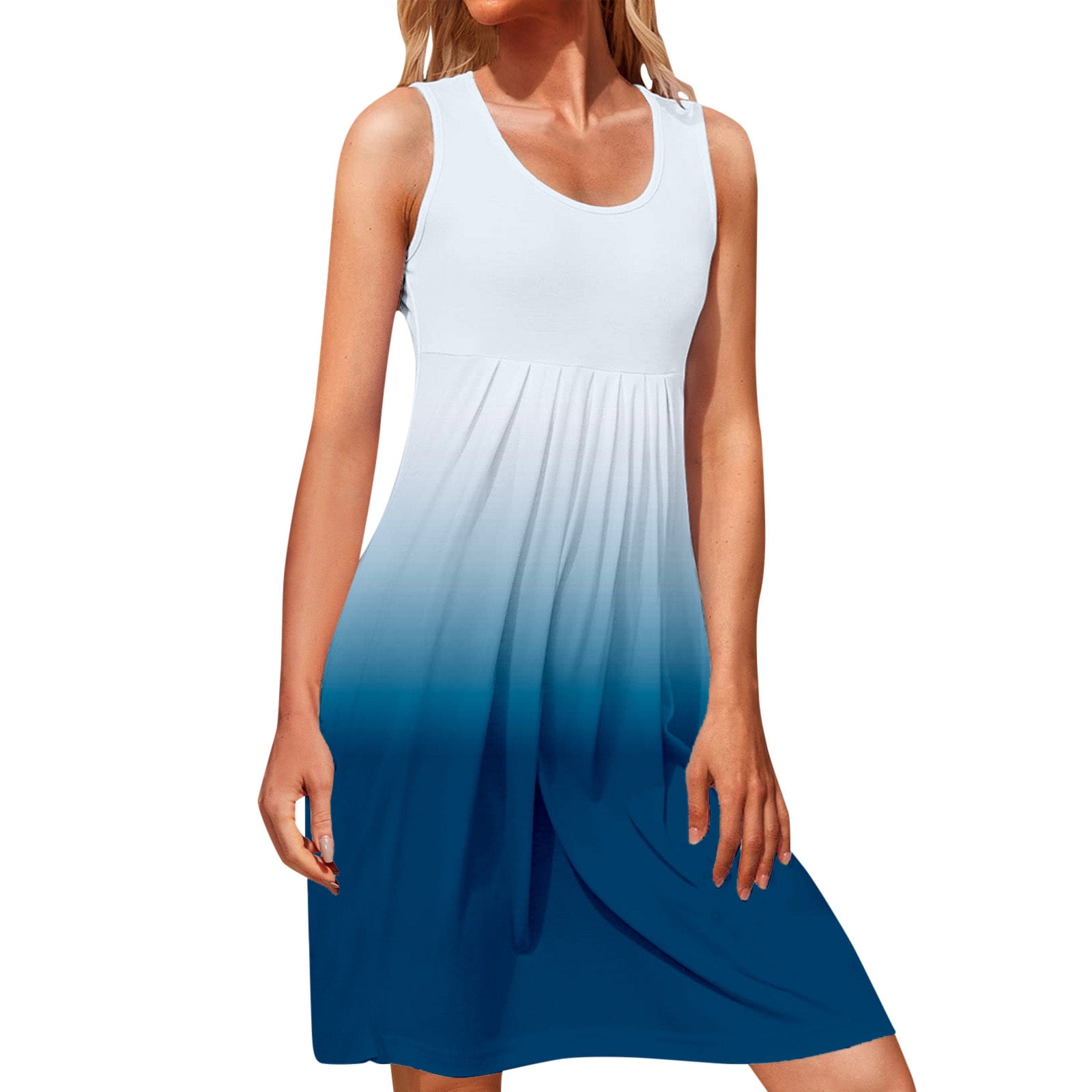 B91xz Women Dresses Casual Flutter Sleeveless Crew Neck Smocked Elastic