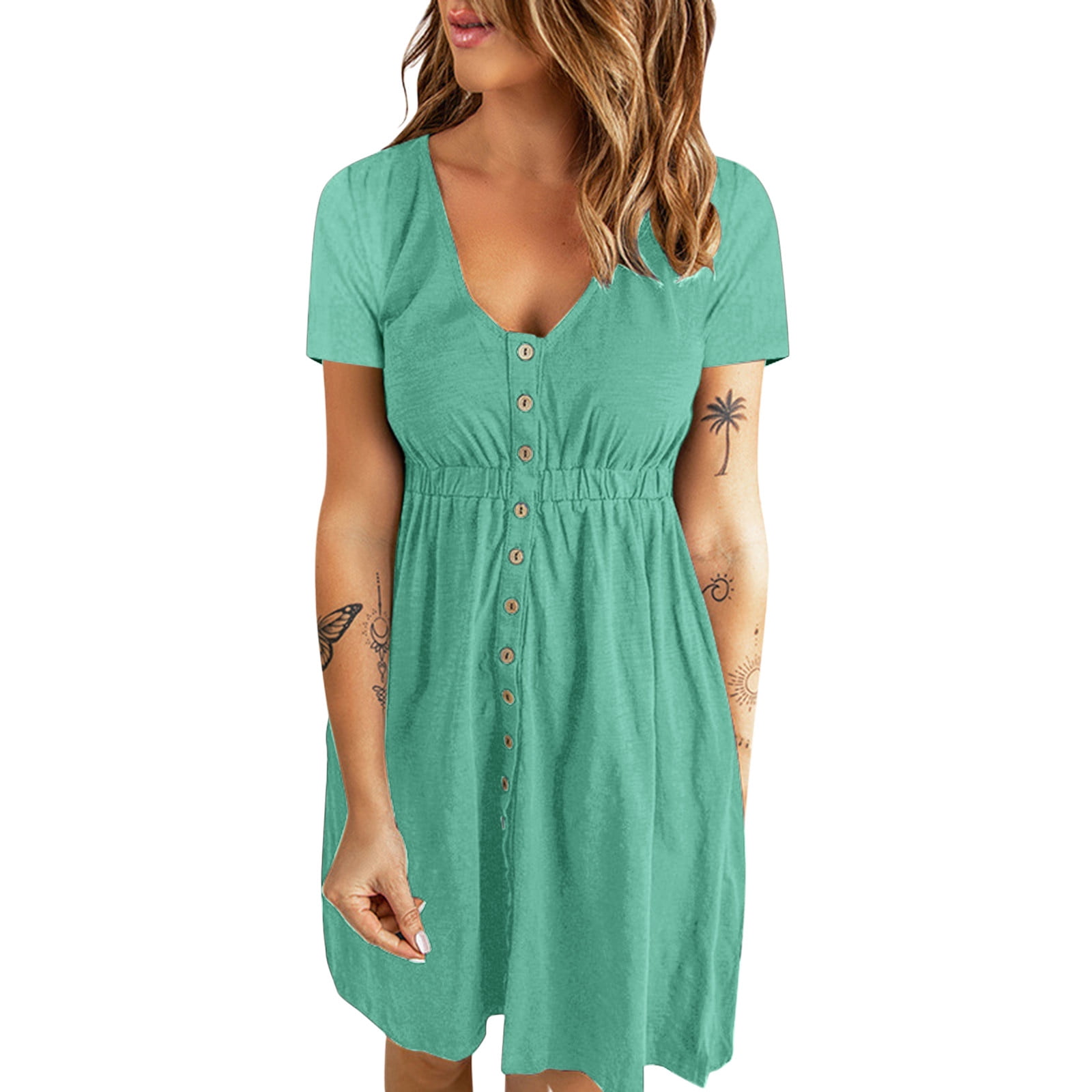 B91xz Womens 2024 Midi Dress Casual Deep V Neck Short Sleeve Long
