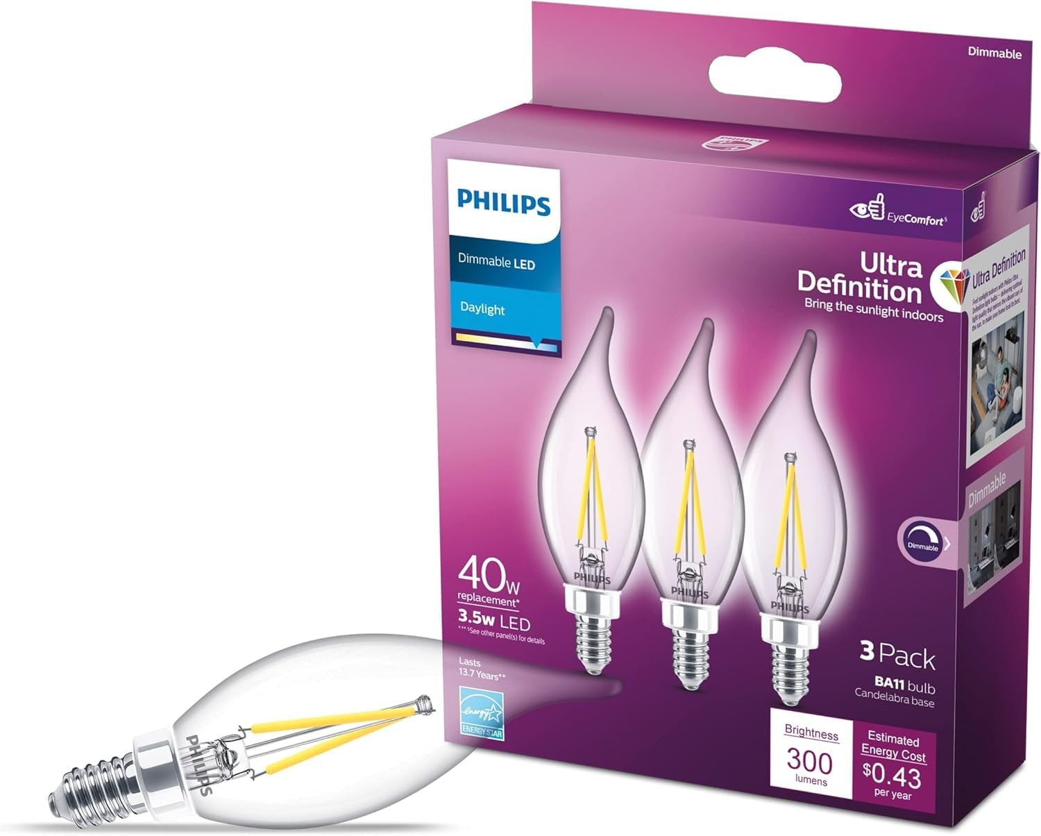BA11 Candelabra LED Light Bulbs - Flicker-Free 40w Light Bulbs with ...