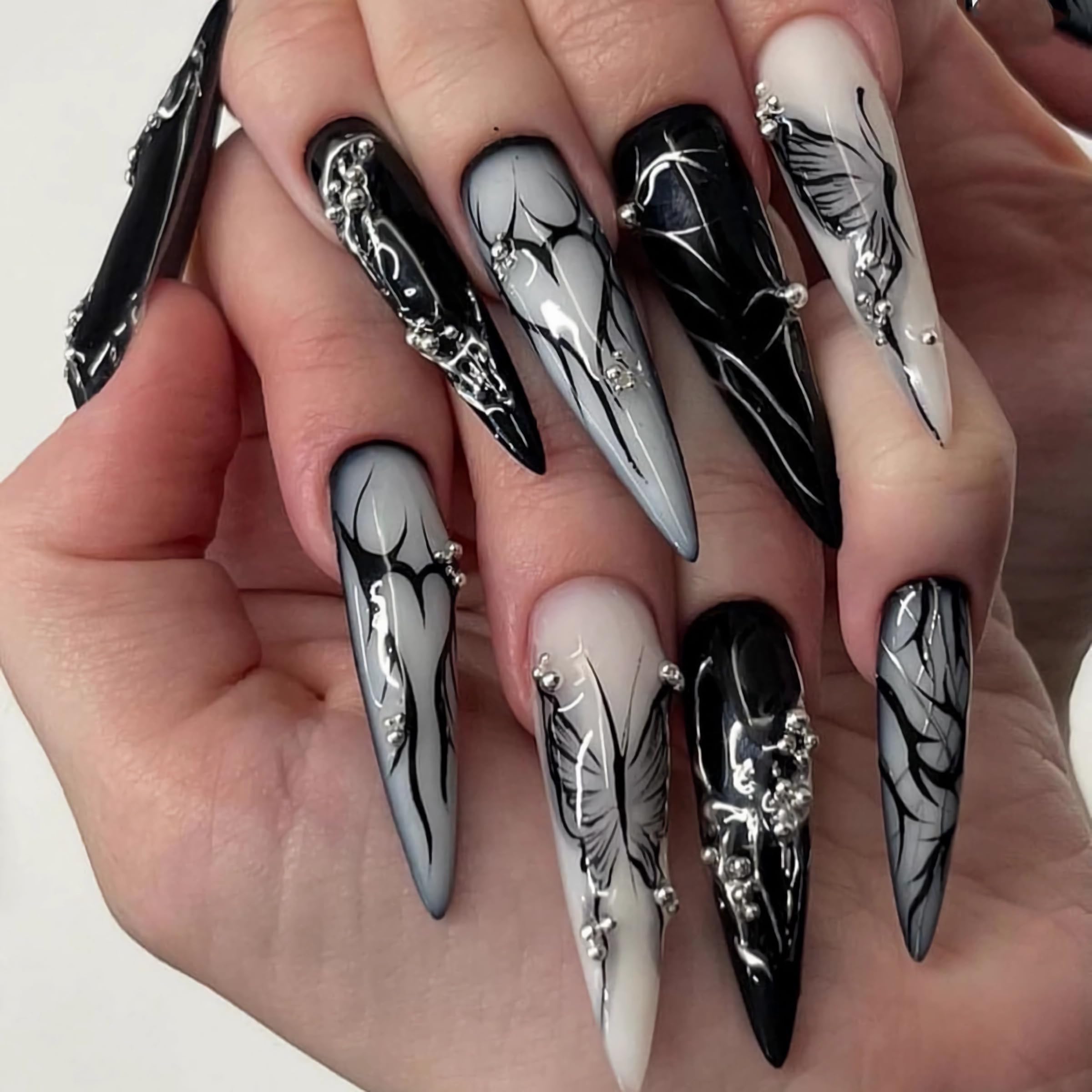 BABALAL Stiletto Press on Nails Long Fake Nails Black Punk Glue ons ...