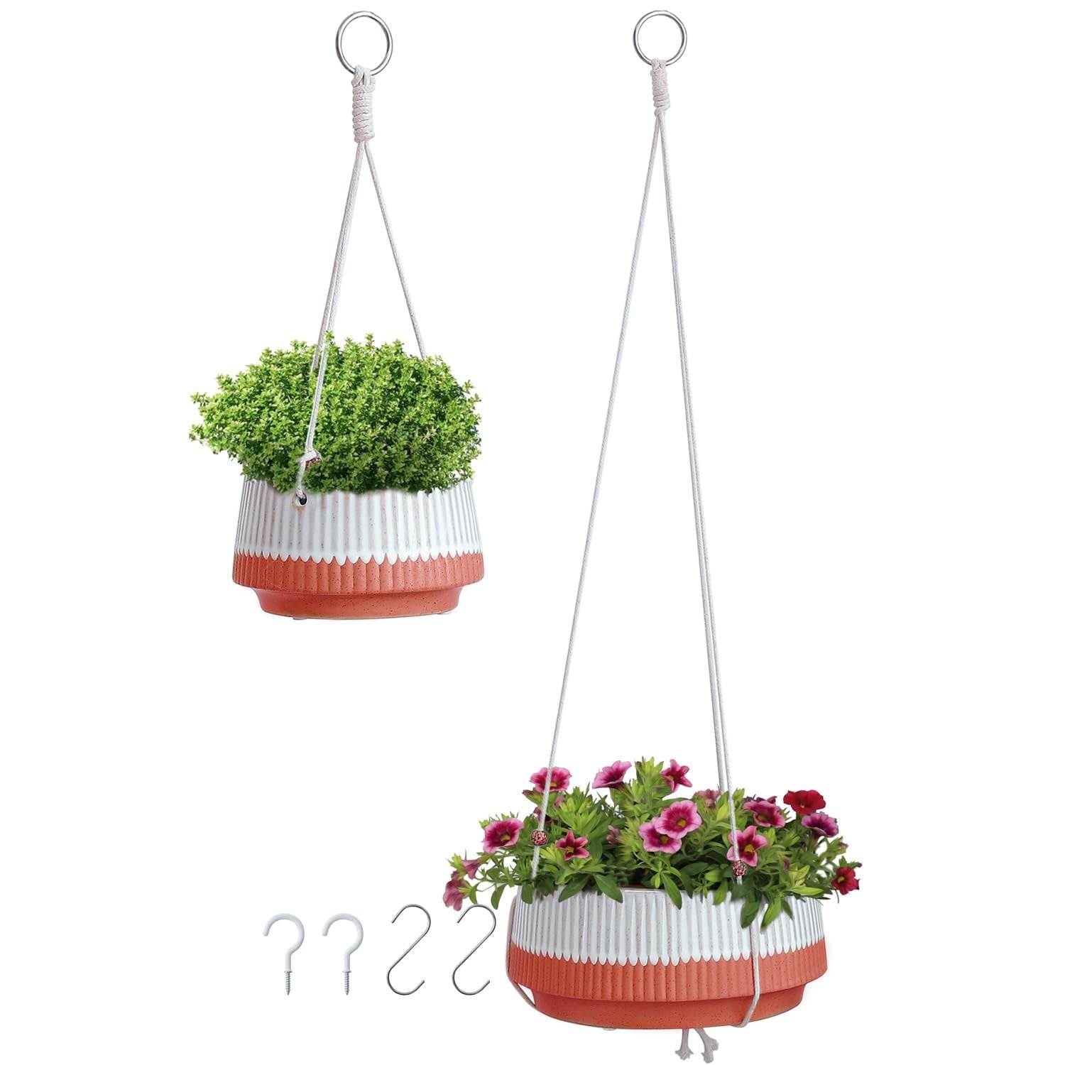 BABALIU Hanging Ceramic Planters 5.5 + 8.5 Inch Set of 2 with Rope and ...