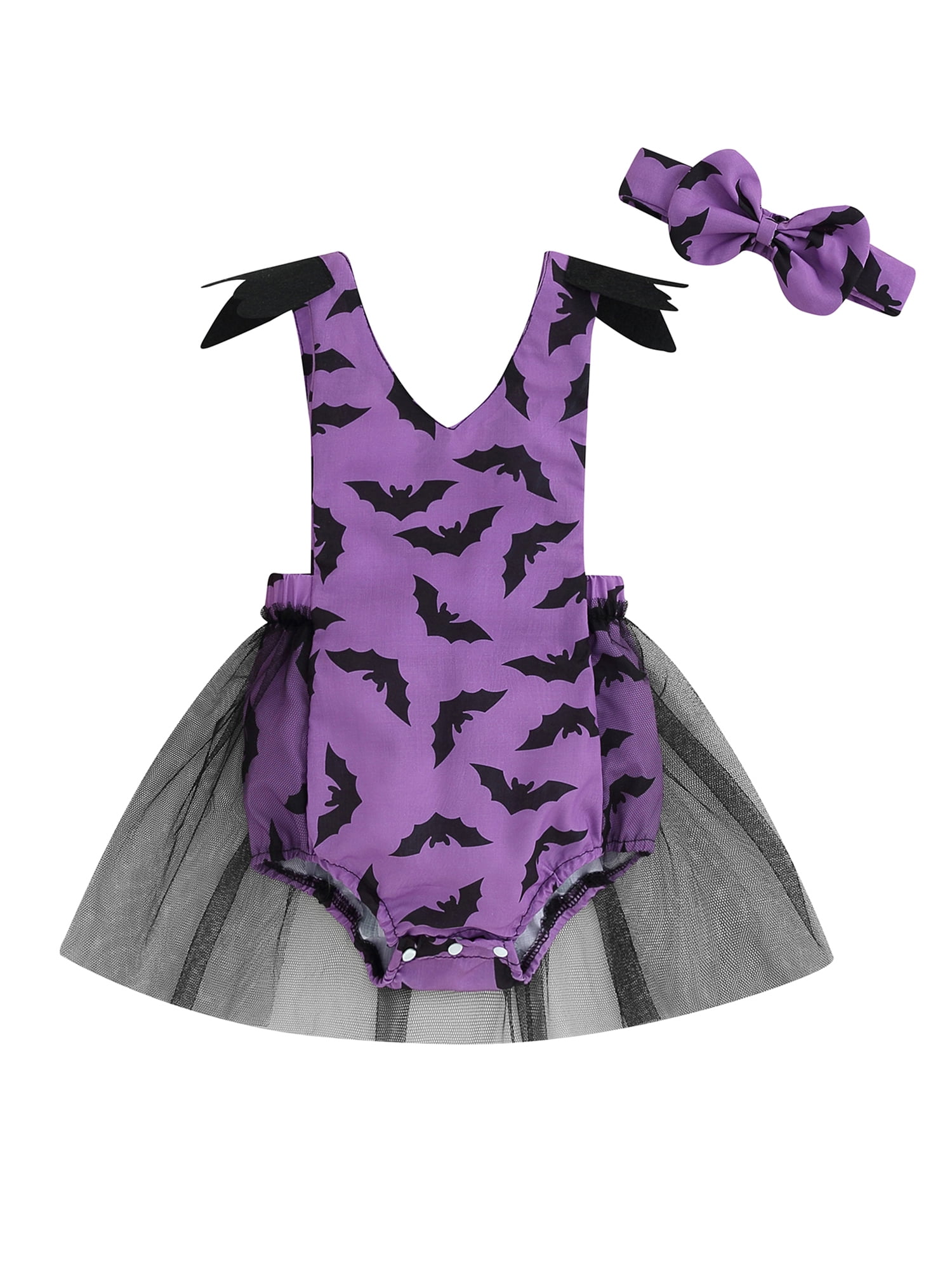 BABAMOON 2Pcs Newborn Baby Girl Halloween Clothes Bat Print Summer Mesh Romper Dress and Stretch ...