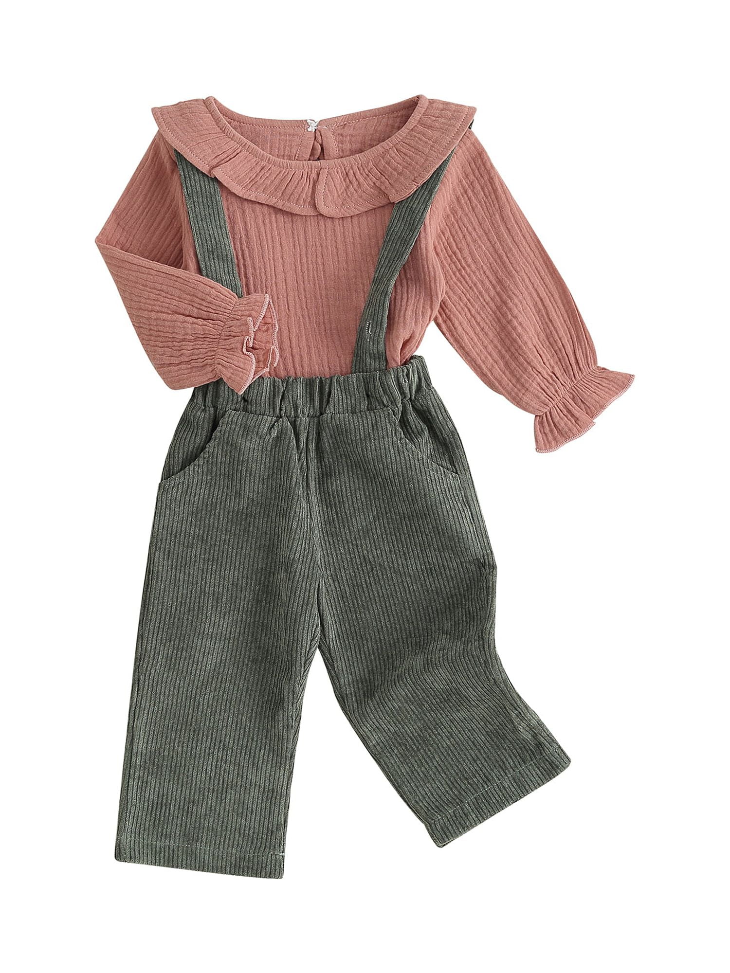 BABAMOON 2Pcs Toddler Baby Girls Fall Outfits Long Sleeve Doll Collar Tops+Suspender Pants ...