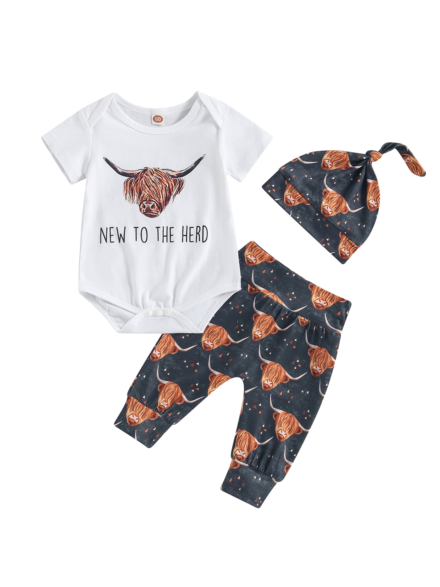 BABAMOON 3Pcs Western Newborn Baby Boy Summer Clothes New to The Herd Romper Cow Print Jogger ...