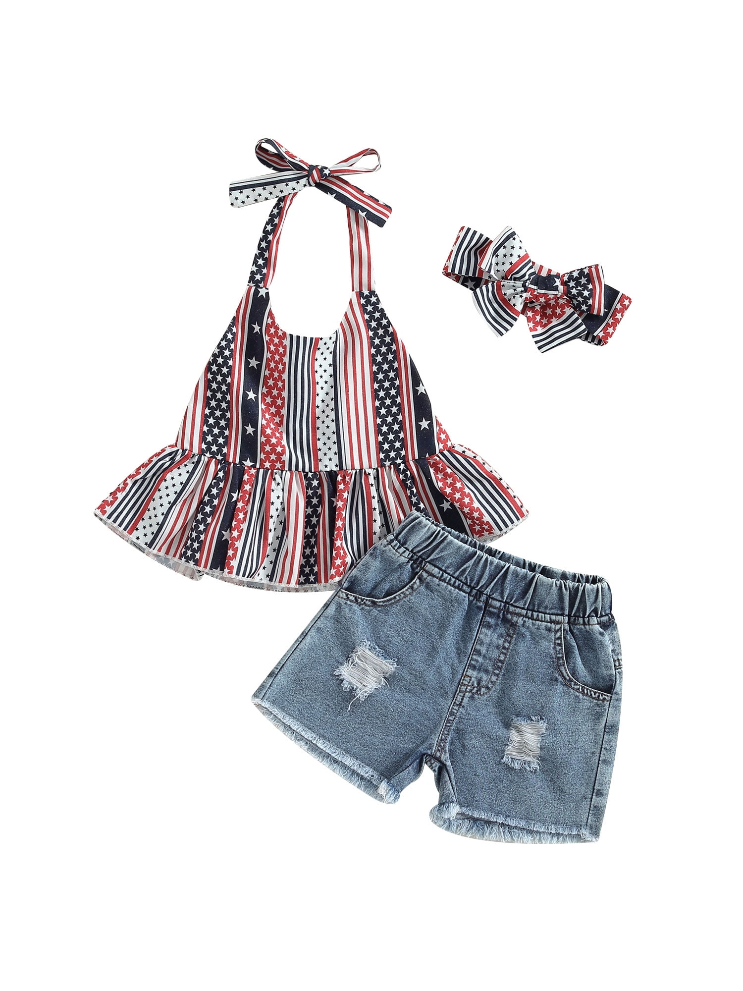 BABAMOON 4th of July Toddler Baby Girl Outfit Star Striped Halter Crop Top Ripped Denim Shorts ...