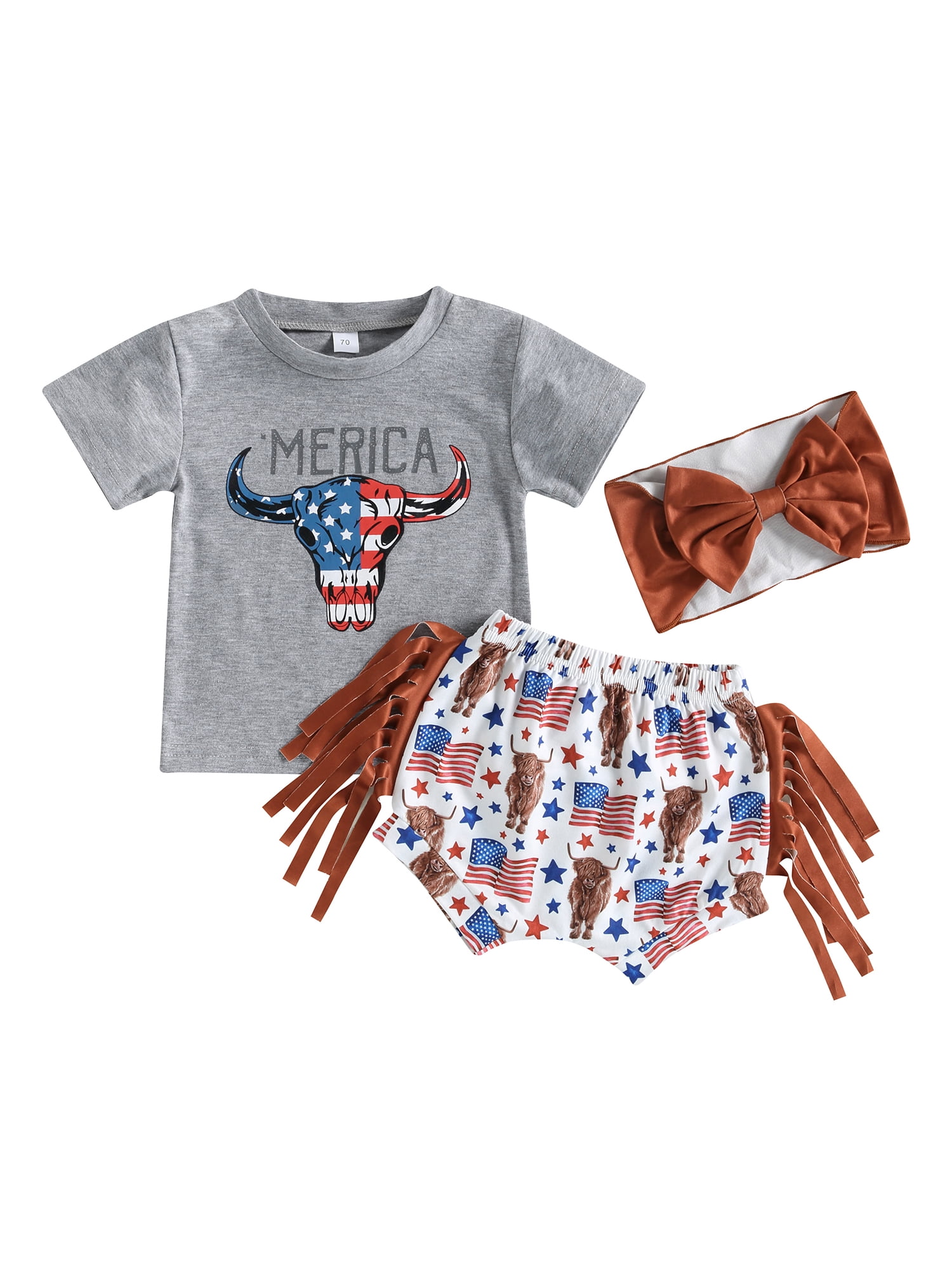 BABAMOON Dcohmch 4th of July Baby Girl Outfits Cow Print Short Sleeve T-Shirt American Flag ...