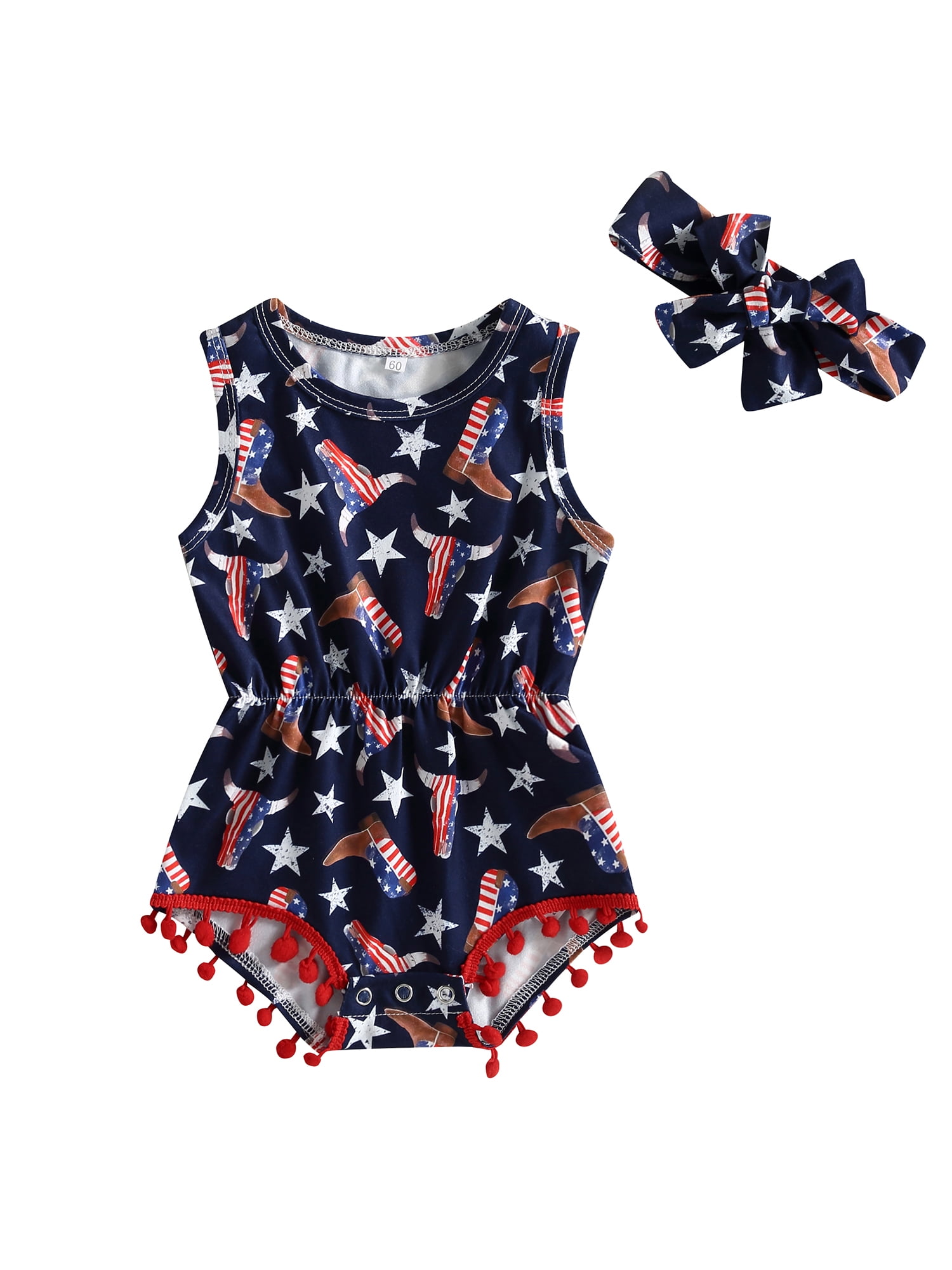 BABAMOON Newborn Baby Girl 4th of July Clothes American Flag Romper Sleeveless Tassel Bodysuit ...